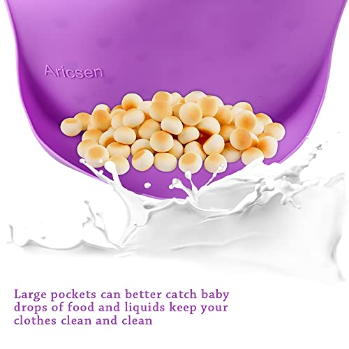 Aricsen 3 Pack Silicone Baby Bibs for Babies & Toddlers (6-72 Months), Adjustable Fit Waterproof Feeding Bibs, Easy Wipe Clean, Soft, Unisex, with Pouch, Non Messy Babies Boys Girls (3 Colors)