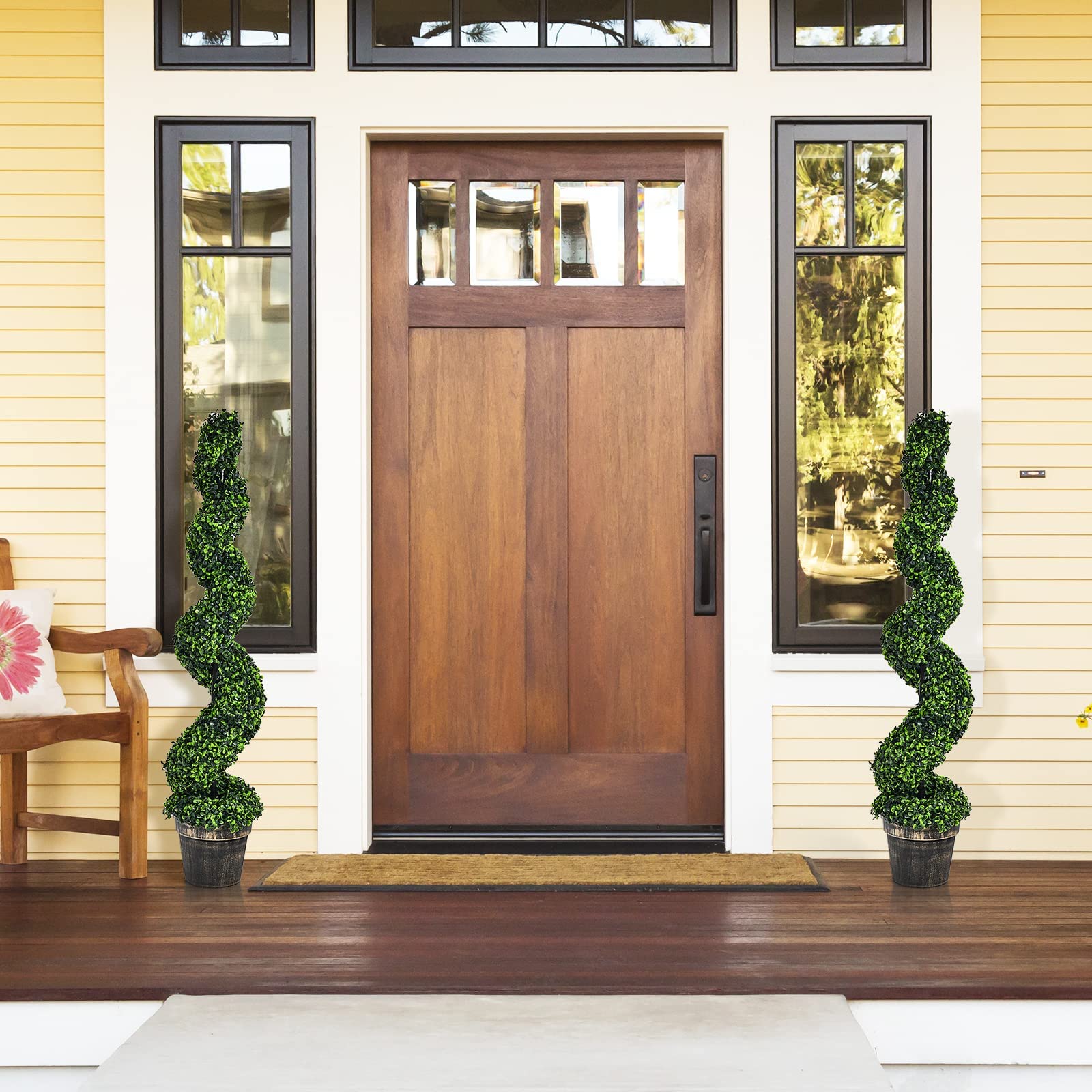 Goplus 4FT Artificial Spiral Boxwood Topiary Tree, 2 Pack Greenery Large Faux Plant in Cement-Filled Plastic Pot, Tall Fake Plant for Indoor Outdoor Home Front Porch Decor