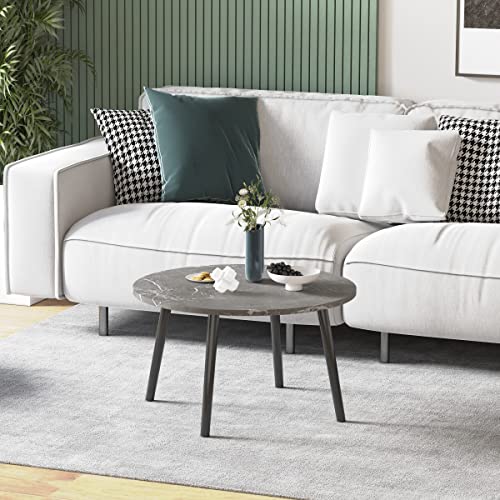 WiberWi Round Coffee Table 23.6β Small Coffee Tables for Living Room Faux Grey Marble Top Modern Circle Table Sturdy Black Solid Wood Legs Cocktail Table End Table