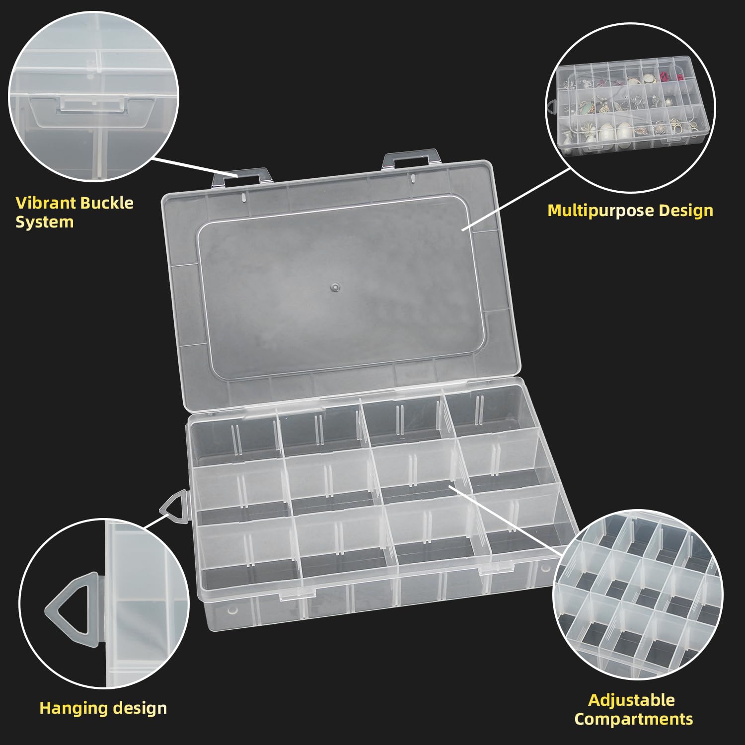 CAZCAL 3pack 24 Grids Clear Plastic Organizer Box with Adjustable Dividers for Beads Organizer Earrings Necklaces Art DIY Crafts Jewelry Fishing Tackles craft storage with 5 Sheet Label Stickers