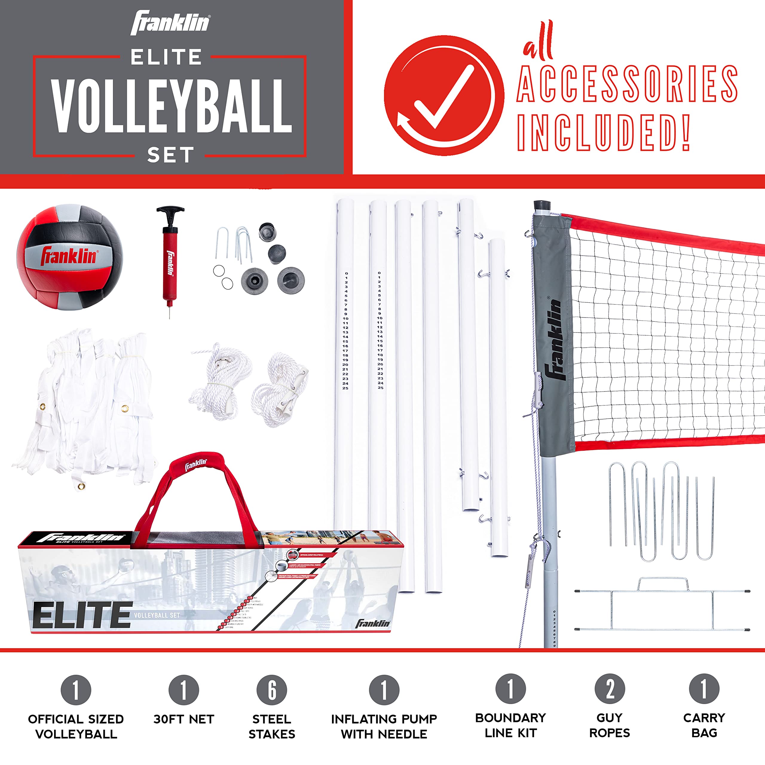 Franklin Sports Elite Volleyball Net Set - Includes Pro Style Volleyball with Pump, Poles/Net, Stakes, Ropes, Boundary Kit- Beach or Backyard Volleyball - Easy Setup