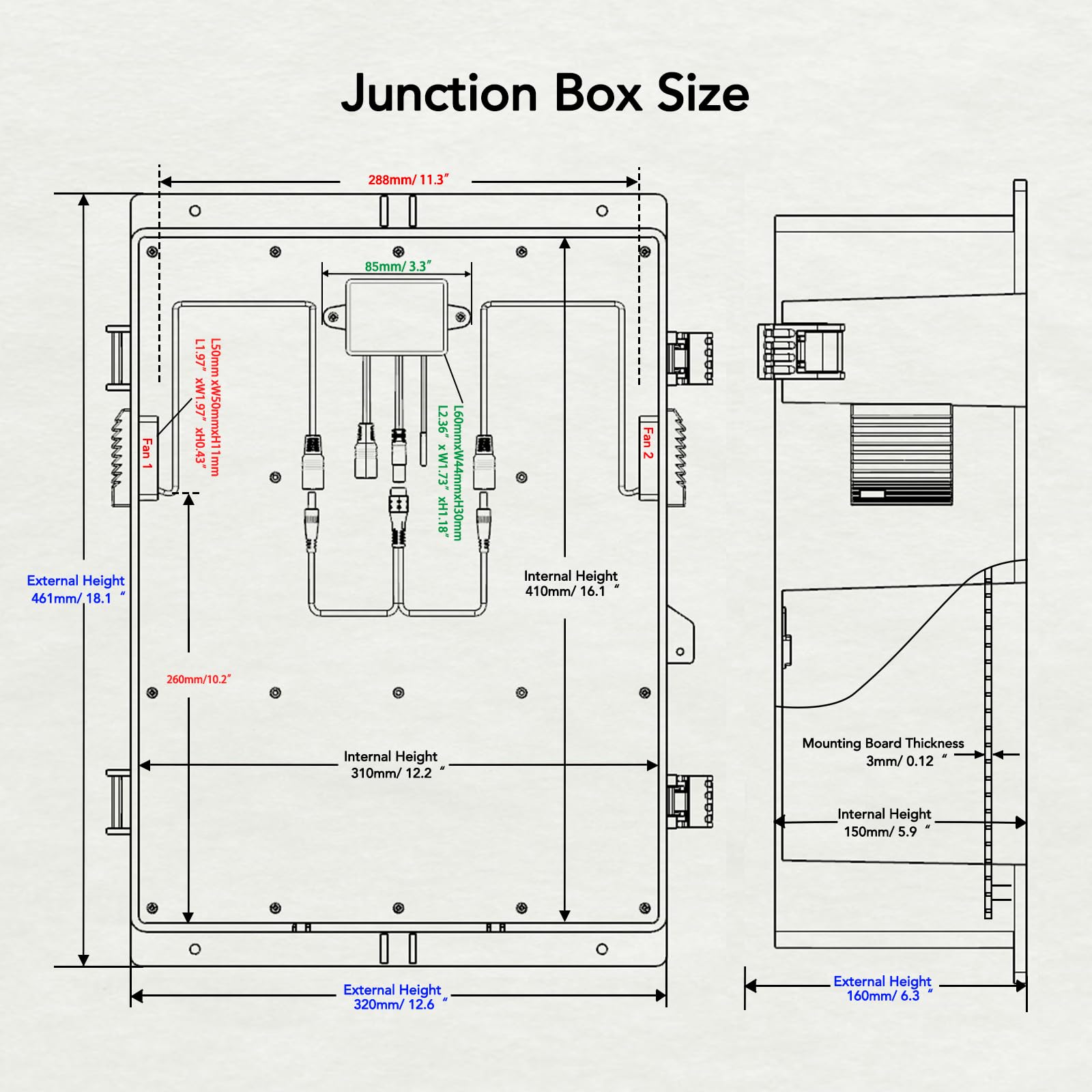 AKWscyby Outdoor Electrical Box, Junction Box with Fan & Thermostat & Power Adapter, Mounting Plate, Dust Screen, Mounting Brackets and Hinged Lid (18.1"Hx 12.5"L x 6.3"W)
