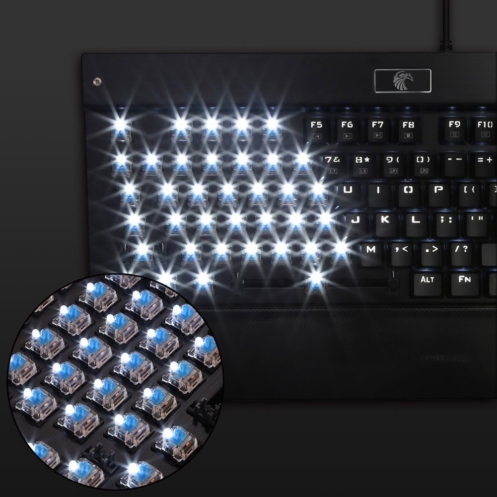 HUO JI E-Element MechanicalEagle Z-77 White LED Backlit Gaming Keyboard, 104 Keys Anti-Ghosting, with Blue Switches, Wrist Rest (Black)