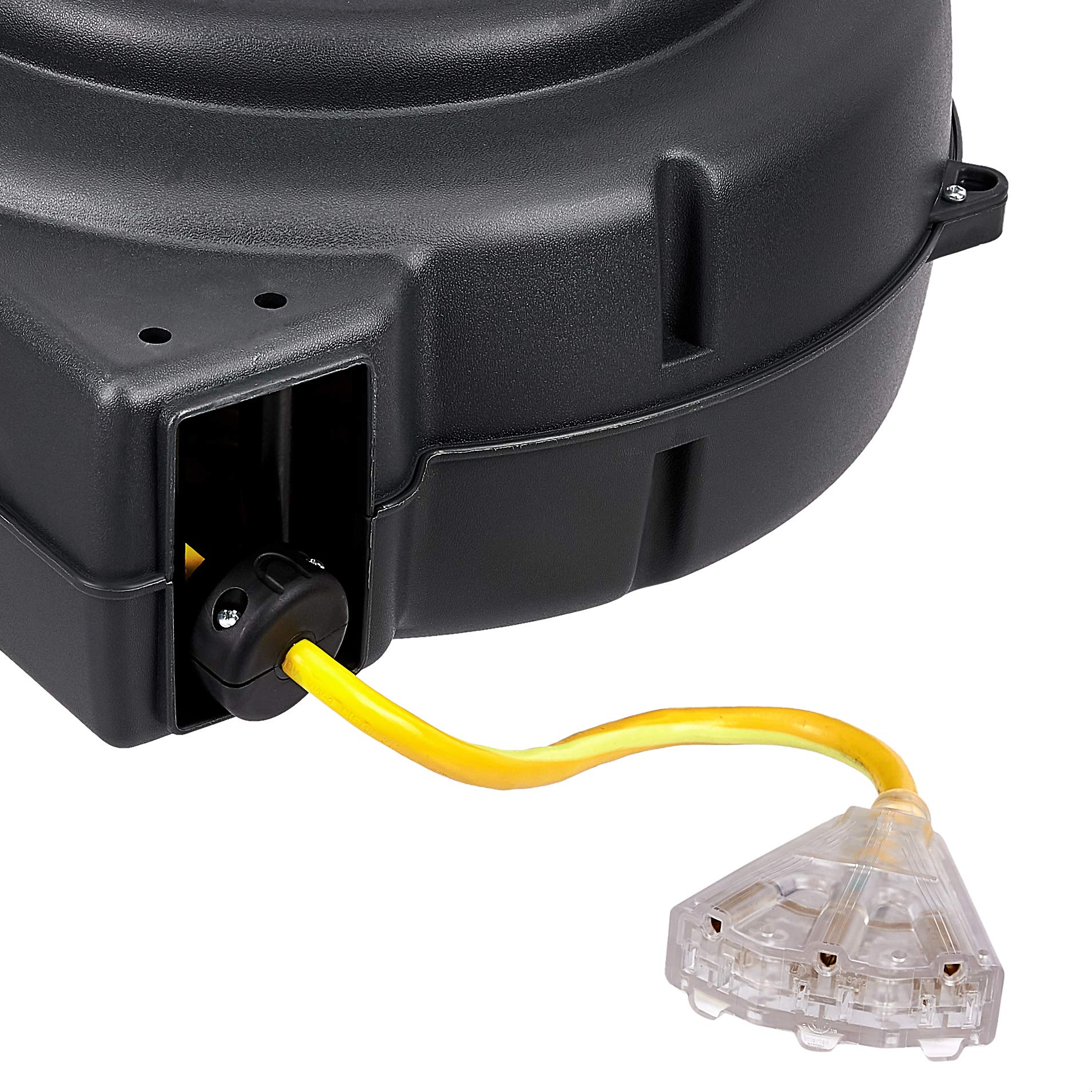 AmazonCommercial Extension Cord Reel Retractable Heavy Duty 12AWG x 80' Glow Strip Cable and LED Light-Up Triple Tap Connector