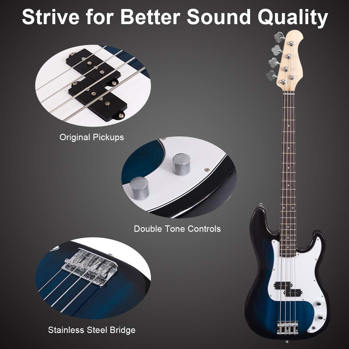 Costzon Full Size Electric 4 String Bass Guitar for Beginner Starter Complete Kit, Rose Fingerboard and Bridge, w/Two Pickups & Two Tone Control, Guitar Bag, Strap, Guitar Pick, Amp Cord (Blue Bass)