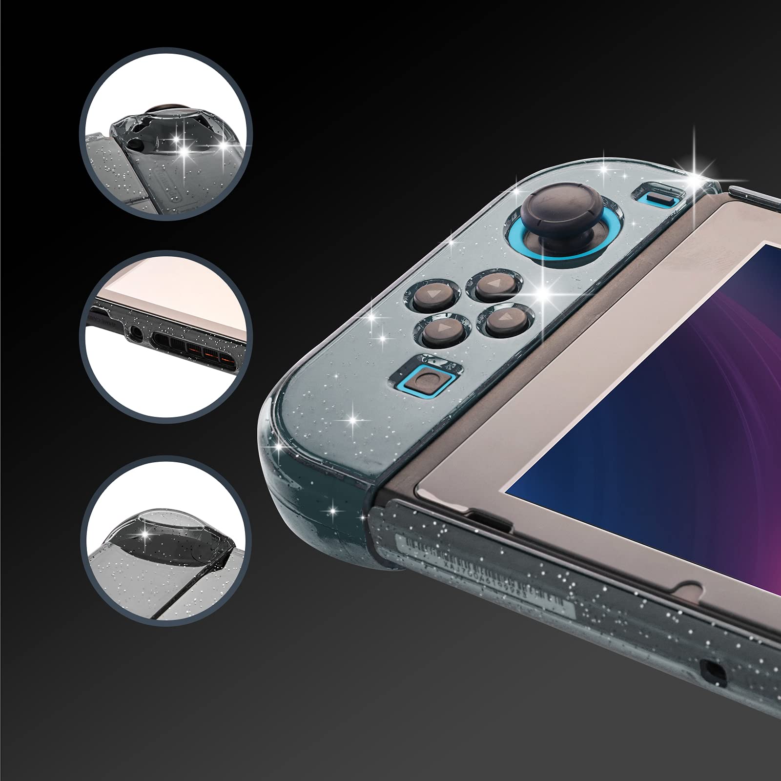 HEATFUN Glitter Case for Nintendo Switch, Protective Case for Nintendo Switch with a Tempered Glass Screen Protector and 6 Joy Stick Covers, Fit into The Dock Station - Black