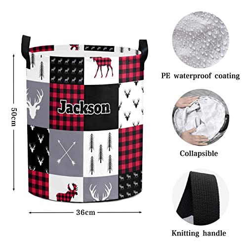 Buffalo Plaid Deer Woodland Personalized Waterproof Foldable Laundry Basket Bag with Handle, Custom Collapsible Clothes Hamper Storage Bin for Toys Laundry Dorm Travel Bathroom