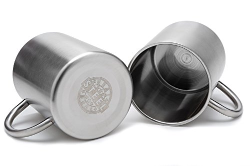 Stainless Steel Double Walled Mugs: 100% BPA Free,15 oz Metal Coffee & Tea Cup Mug - Insulated Cups with Handles Keep Drinks Hot or Cold Longer - Durable for Camping - Set of 2 Shatter Proof Mugs