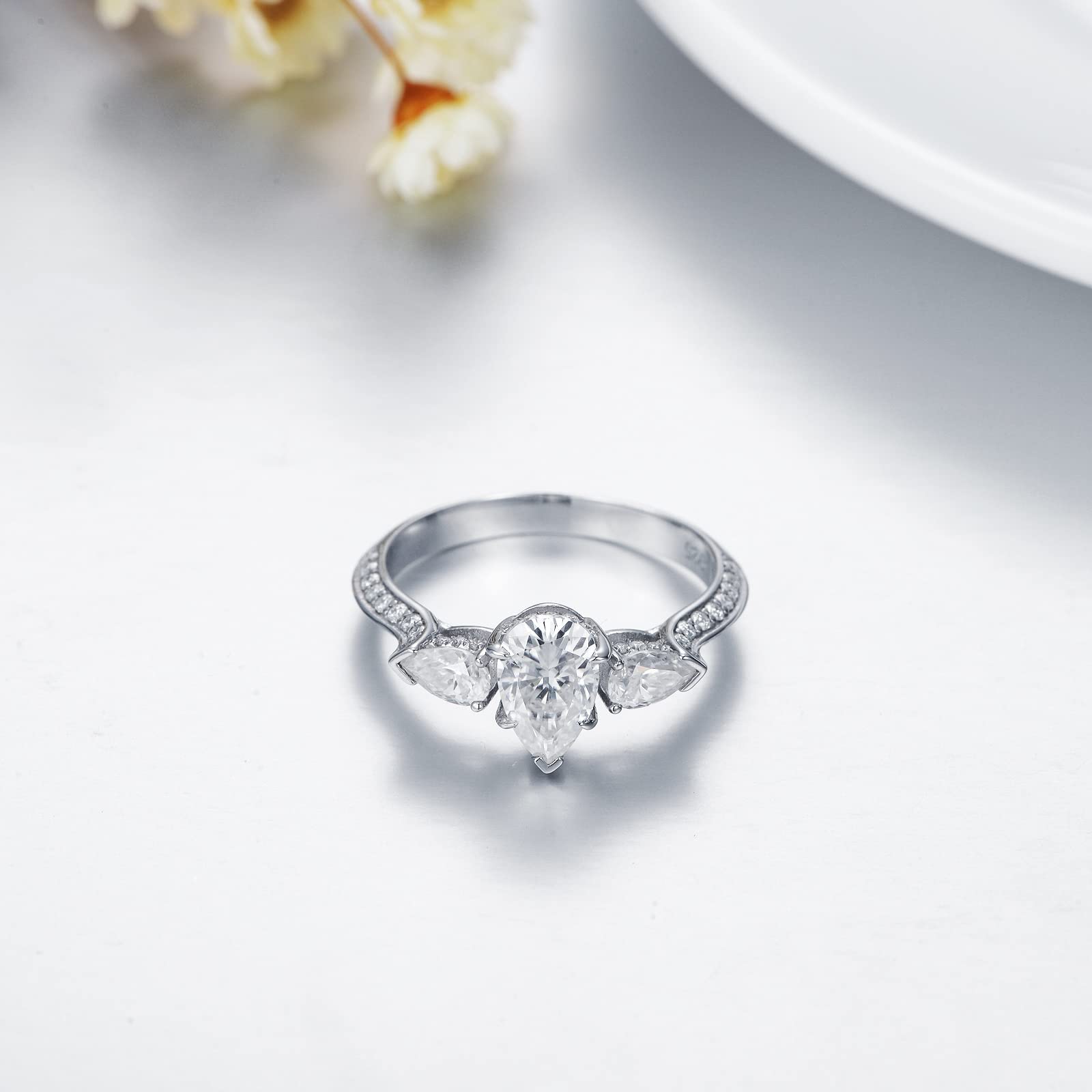 Ayafee Pear Shaped Engagement Rings for Women Center 1CT Moissanite Rings Platinum Silver Three Stone Wedding Anniversary Promise Rings - Size 7