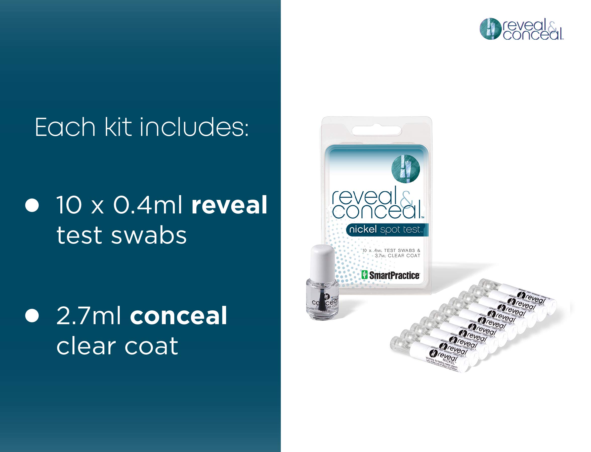 Reveal and Conceal Nickel Allergy Test Kit by Smart Practice - Detecting Nickel is a Snap - Test for Nickel in Your Jewelry and Prevent Skin Exposure With Liquid Clear Coat - Includes 10 Test Swabs