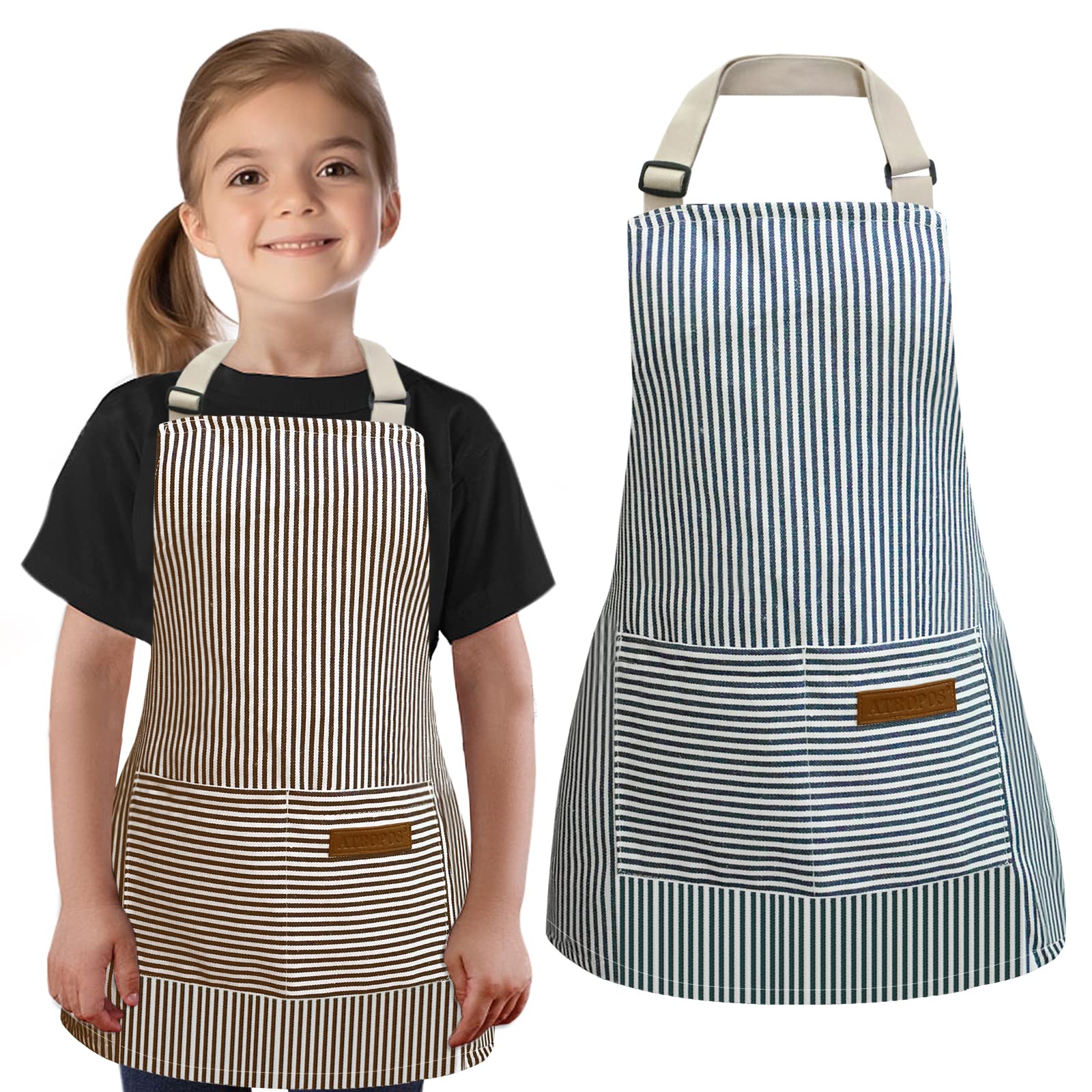 ATROPOS 2pcs Kids Aprons with Pockets, Kids Chef Aprons Boys/Girls Adjustable Kids Kitchen Apron for Cooking, Baking, Painting (2-6 Years)