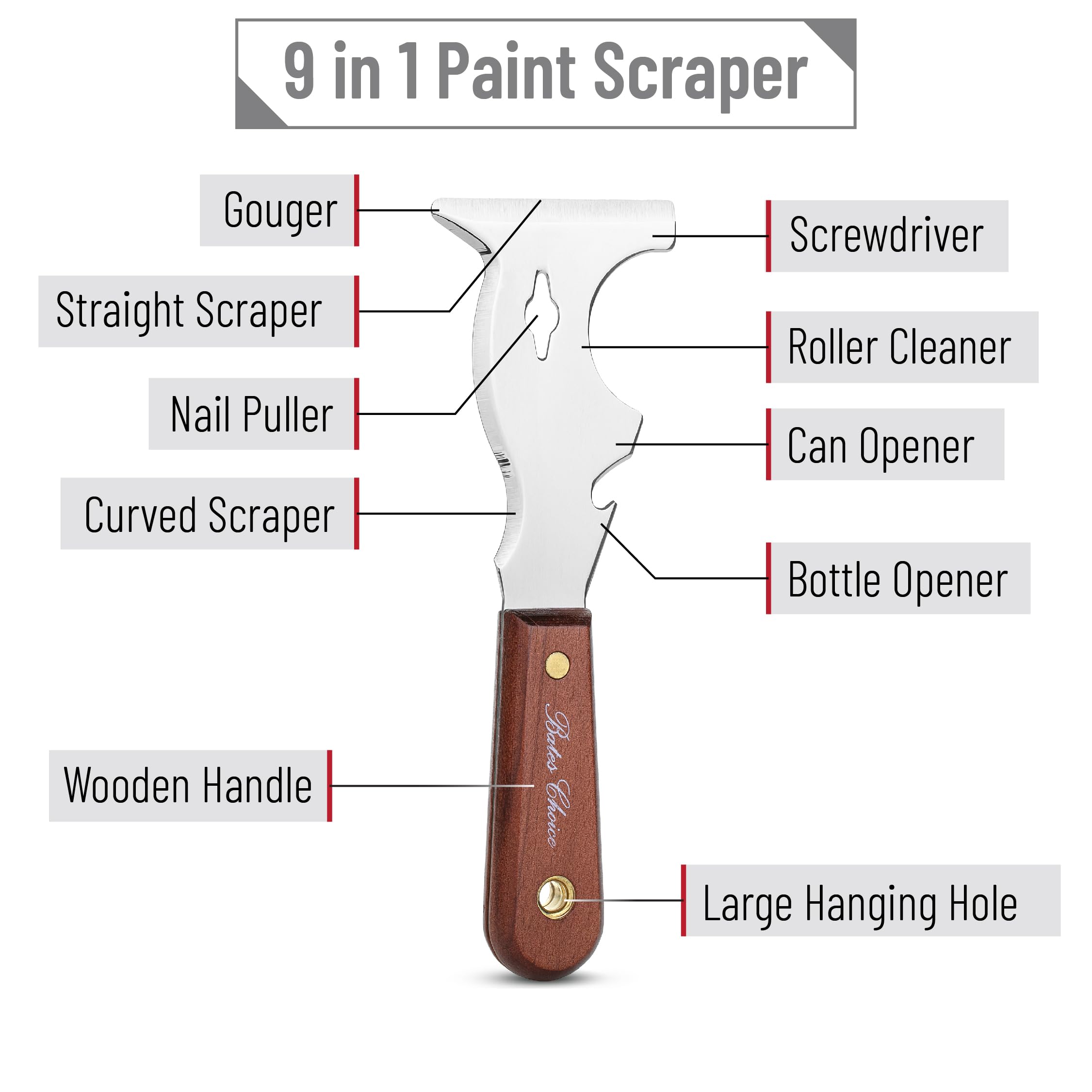Bates- Paint Scraper, 9 in 1 Painters Tool, Mahogany Wooden Handle, Paint Scrapers for Wood, Painters Tool, Painters Knife, Paint Scraper for Painting, Putty Knife, Metal Scraper, Spackle Knife