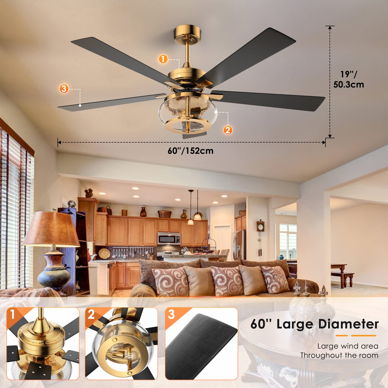 ADIUIVE Ceiling Fan with Lights, 60 Inch, 5-Blade, Low Profile, Brass Finish, Black & Golden, Farmhouse Style, Indoor Outdoor, Remote Control, LED Light, Ceiling Mount