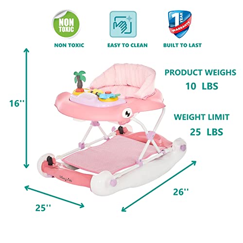 Dream on Me 2-in-1 Aloha Fun Baby Walker in Pink, Easily Convertible Baby Walker, Adjustable Three Position Height Settings, Easy to Fold and Store