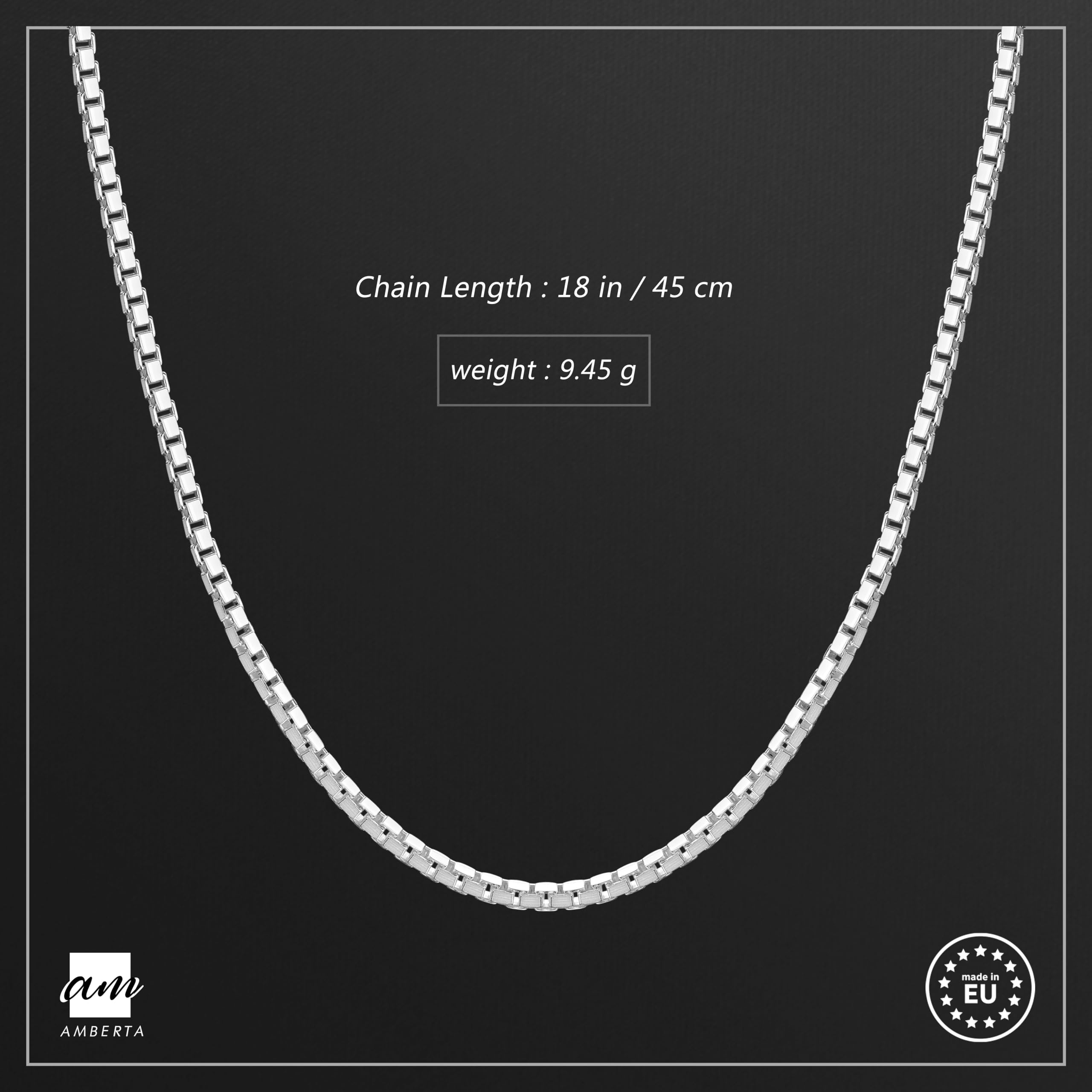 Amberta 925 Sterling Silver 2 mm Venice Box Chain Necklace Length 18" inch / 45 cm (18)