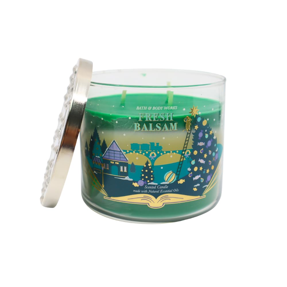 Bath & Body Works Fresh Balsam 3-Wick Candle Christmas 2023 2-pc Bundle – Limited Edition (Winter Village & Tree Branches Pattern), Green