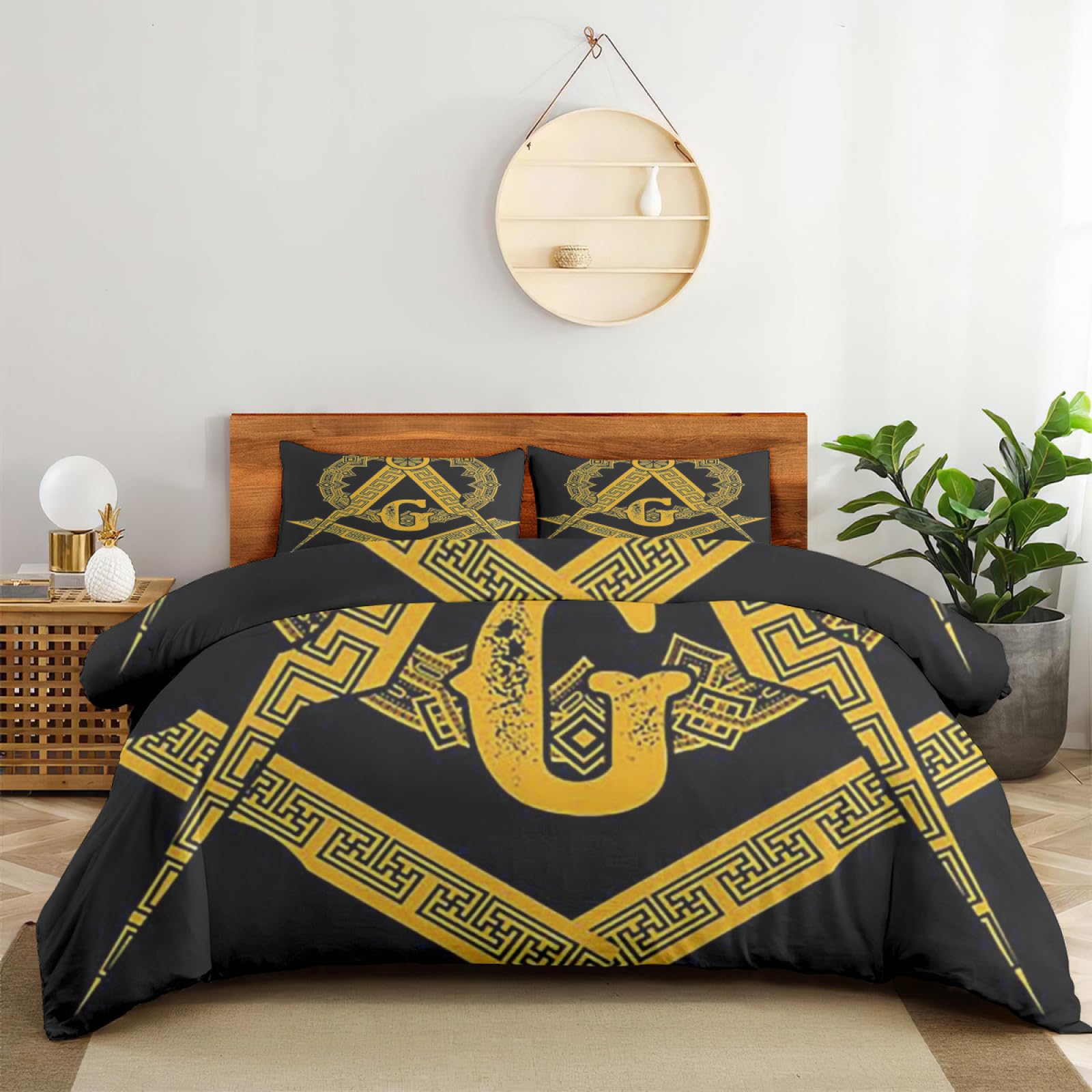 Bedding Sheet Bed Sets, Freemasonry Masonic Lodge Symbol Soft 3-Pieces Duvet Cover Set Comfy 1 Comforter Cover & 2 Pillowcases for All Season Queen(90"Ć90")
