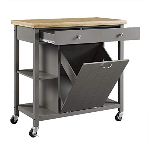 Almeris Lux Gray Kitchen Island Cart Wheels Bamboo Top Storage Cabinet Drawers Rolling Utility Shelf Furniture Table Home Office Bar Rack Cupboard