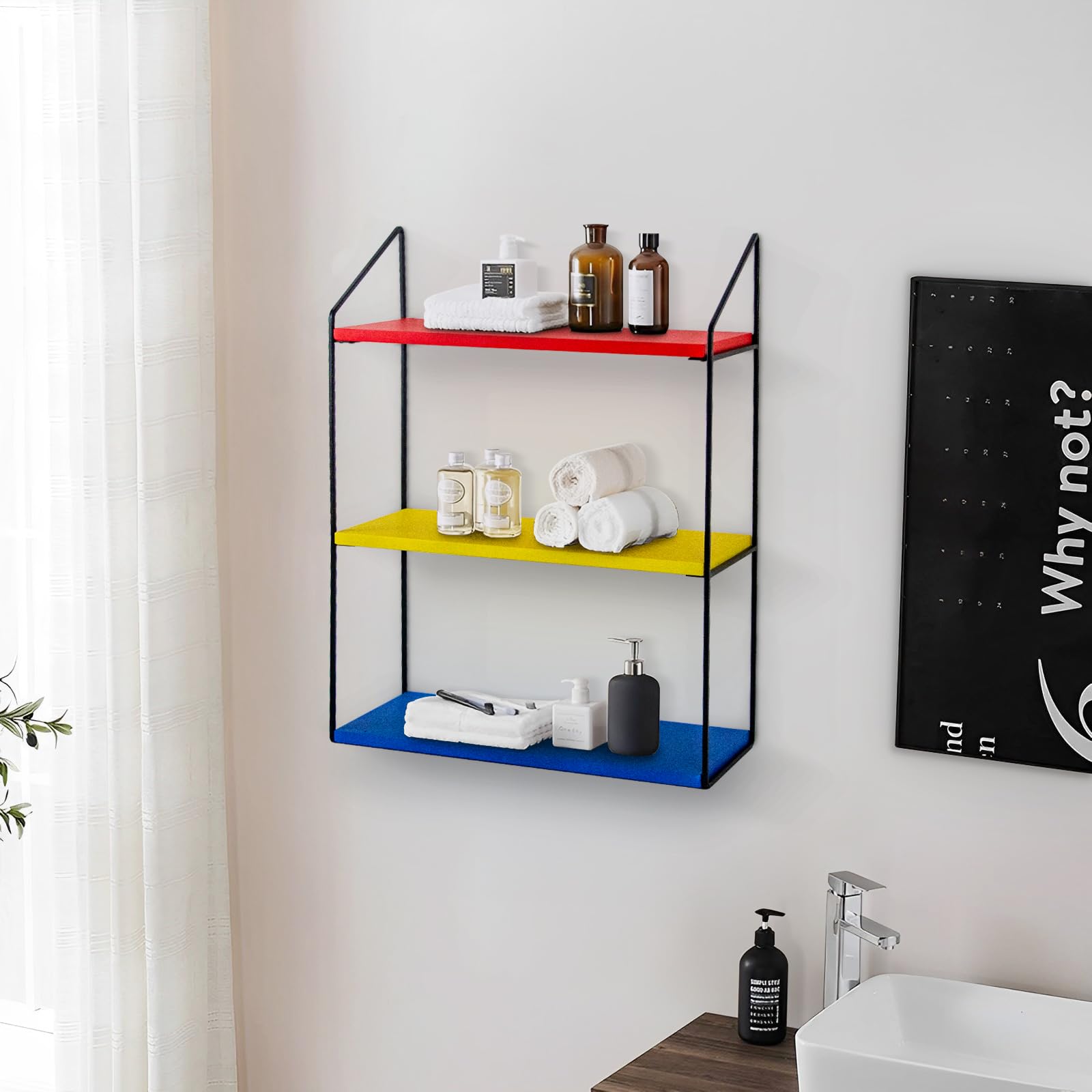 fusehome Floating Shelves for Wall, Small Wood Display Shelves Rack for Collectibles Toys, 3 Tier Hanging Shelf Wall Decor for Living Room, Storage Shelf for Bedroom, Kitchen, Balcony, Mondrian Color