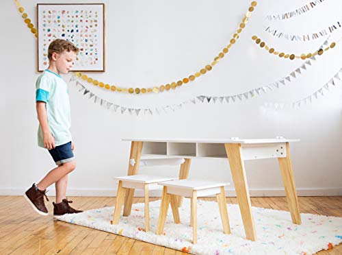 Wildkin Kids Arts and Crafts Table Set for Boys and Girls, Mid Century Modern Design Table Includes Two Stools, Paper and Storage Cubbies Underneath Helps Keep Art Supplies Organized (White)