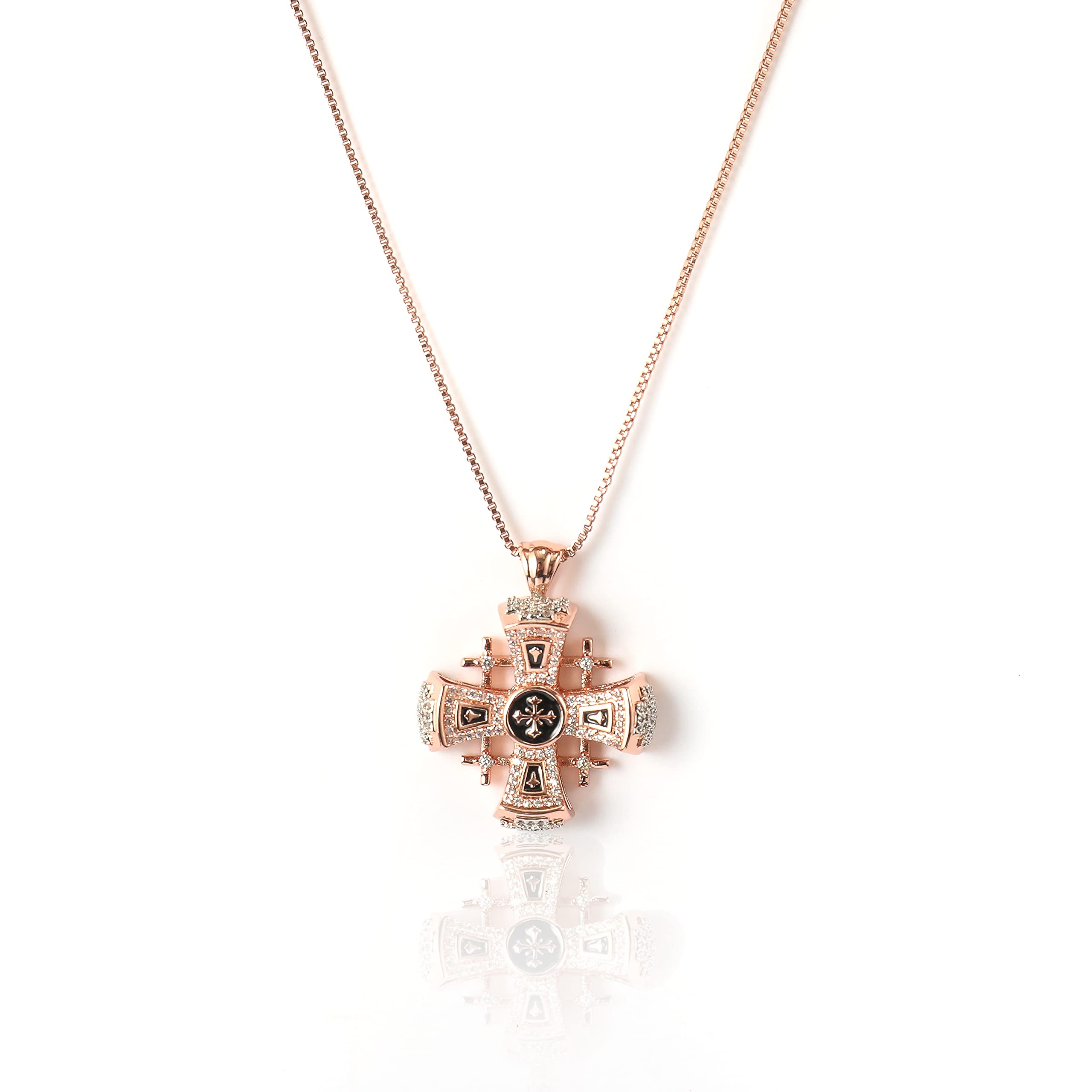 Nazareth Store Crusaders Jerusalem Cross Pendant Necklace Gold Plating 18k Enamel Crystallized Stones 1.3" (Black)