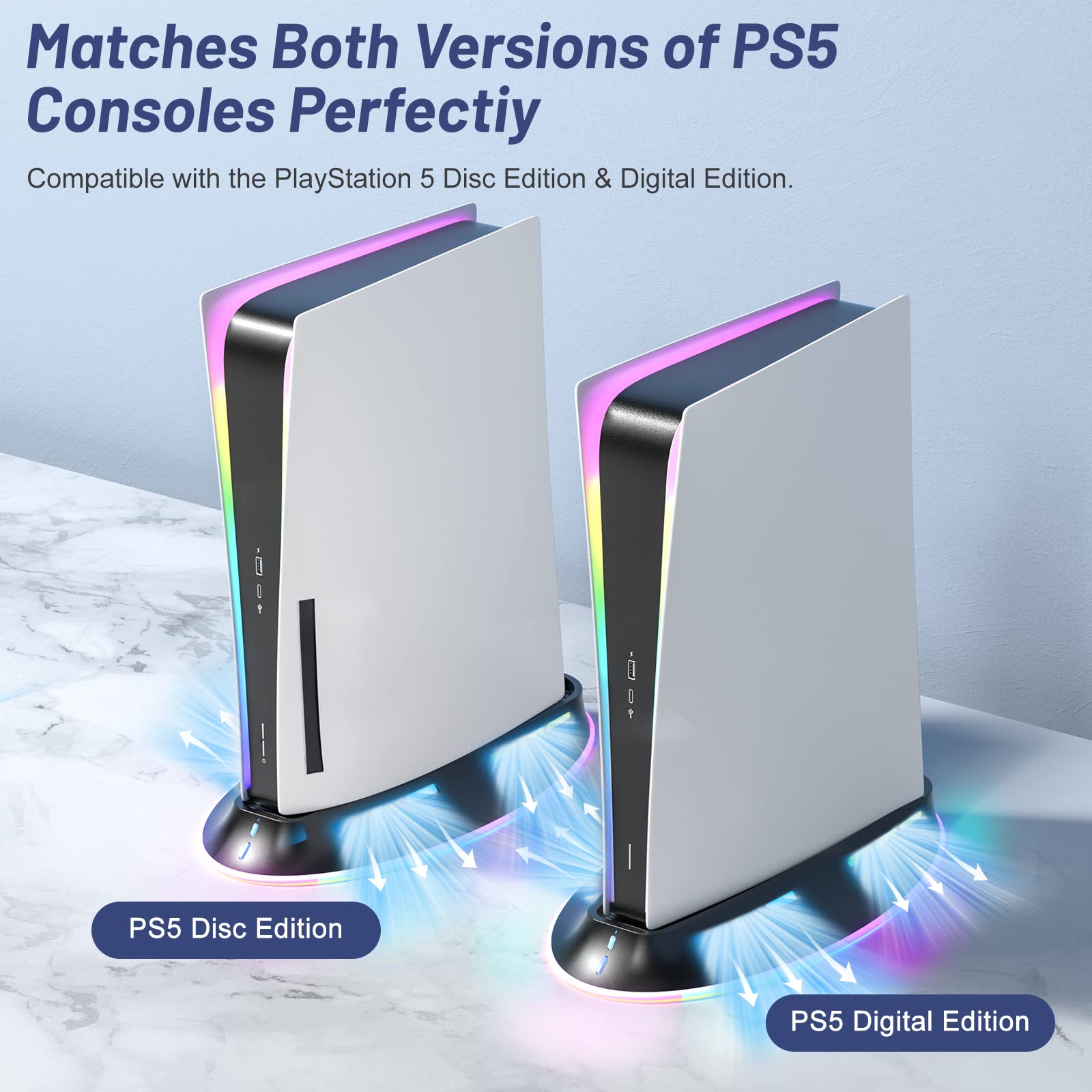 Allnice PS5 Stand with Cooling Fan and RGB LED Light for Playstation 5 Disc/Digital Edition, PS5 Cooling Station PS5 Fan Cooler System PS5 Vertical Base, Built-in LED Light with IR Remote, 2 USB Ports