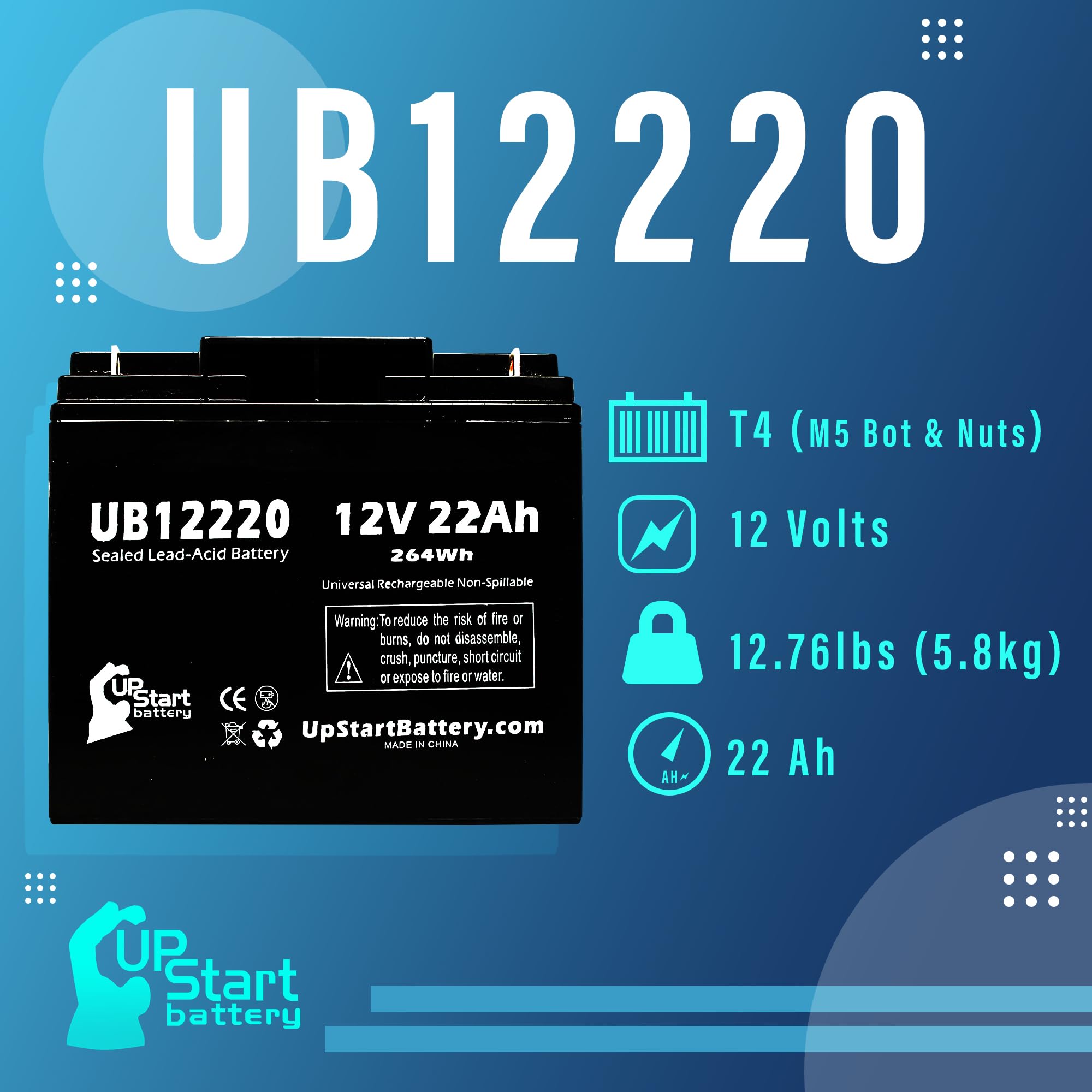 Replacement for SEALAKE FM12170 Battery - Replacement UB12220 Universal Sealed Lead Acid Battery (12V, 22Ah, 22000mAh, T4 Terminal, AGM, SLA)