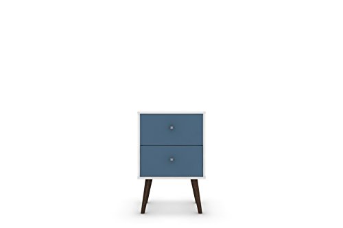 Manhattan Comfort Liberty Collection Mid Century Modern Nightstand With Two Drawers, Splayed Legs, White/Blue