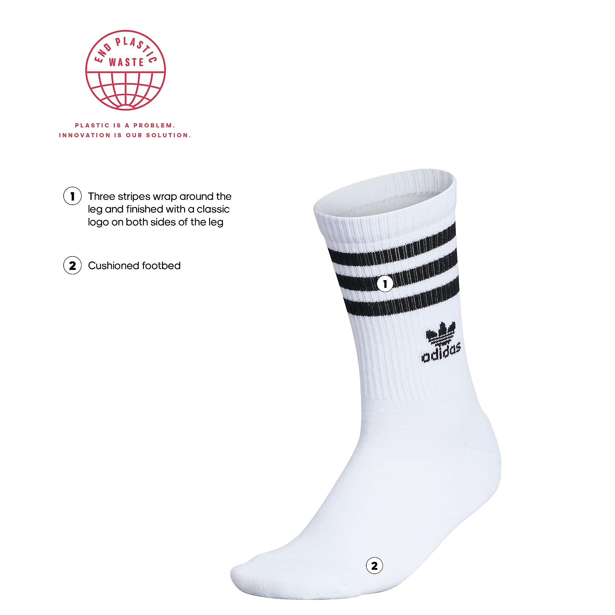 adidas Originals Unisex-Adult Roller (1-pair) Crew Sock, White/Black, Medium US