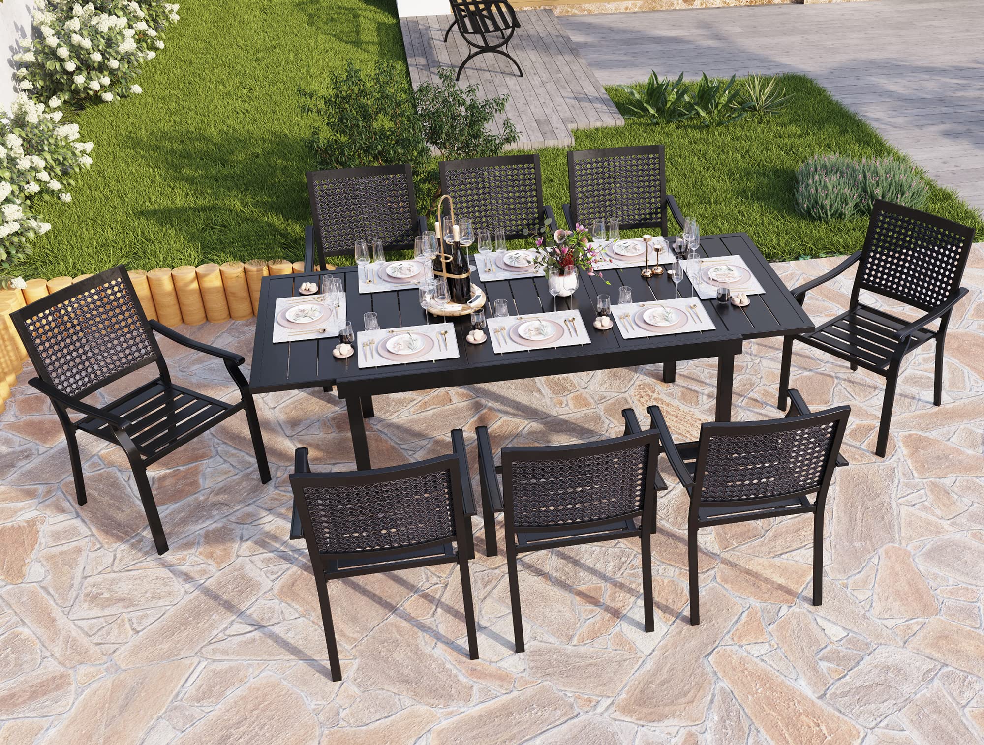 PHI VILLA Outdoor Patio Dining Table and Chairs Set of 9 Pieces Patio Furniture Set Metal Expandable Dining Table 8 Wrought Iron Stackable Chairs for Bistro Backyard