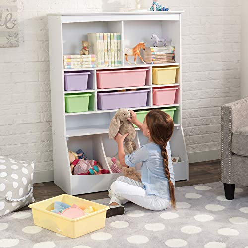 KidKraft Wooden Wall Storage Unit with 8 Plastic Bins and 13 Compartments - White, Gift for Ages 3+ and Nantucket Kid's Wooden Table & 4 Chairs Set with Wainscoting Detail, Pastel, Gift for Ages 3-8