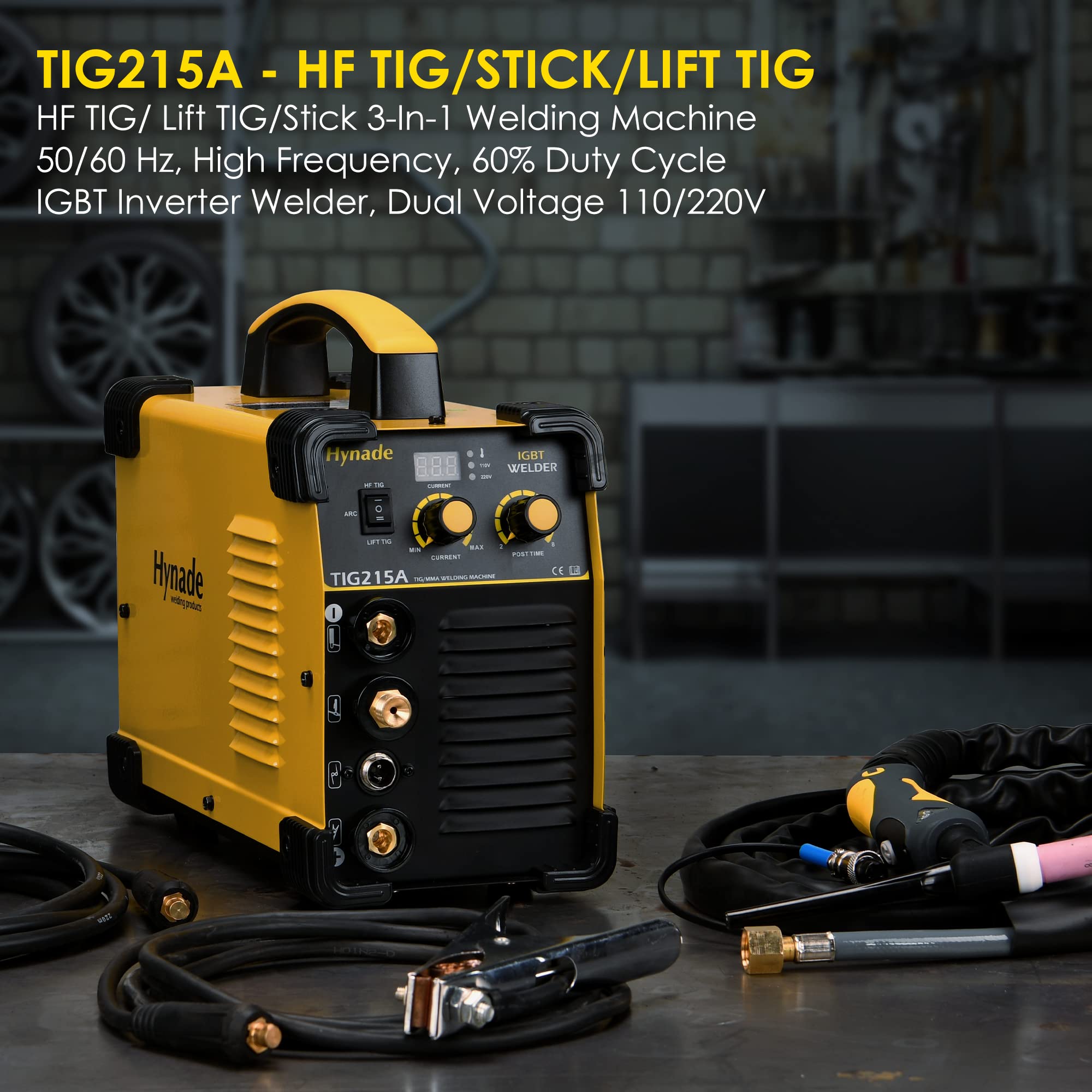 hynade Tig Welder TIG215A, HF ARC/TIG/Stick TIG Welders 215 Amp 110/220V Dual Voltage TIG Welding Machine