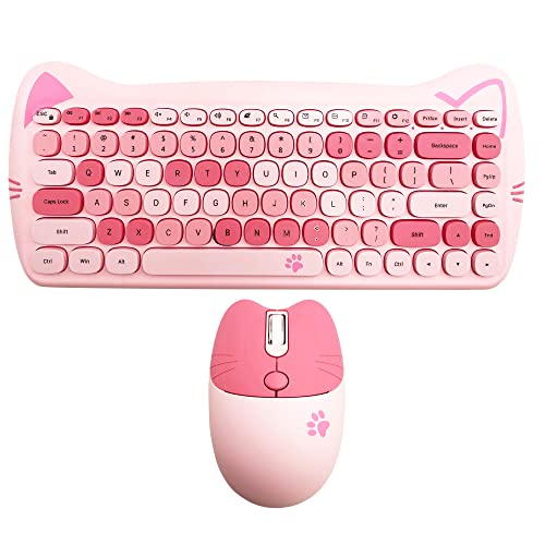 Attoe Wireless Mouse and Keyboard, Cute Cat Keyboard Mouse Combo for Girl Gift,2.4G Cordless Computer Mice with USB Receiver for Laptop PC MAC (Cherry Blossom Pink)…