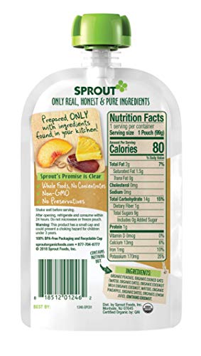 Sprout Organic Stage 2 Baby Food Pouches, Peach Oatmeal w/ Coconut Milk & Pineapple, 3.5 Ounce (Pack of 6)