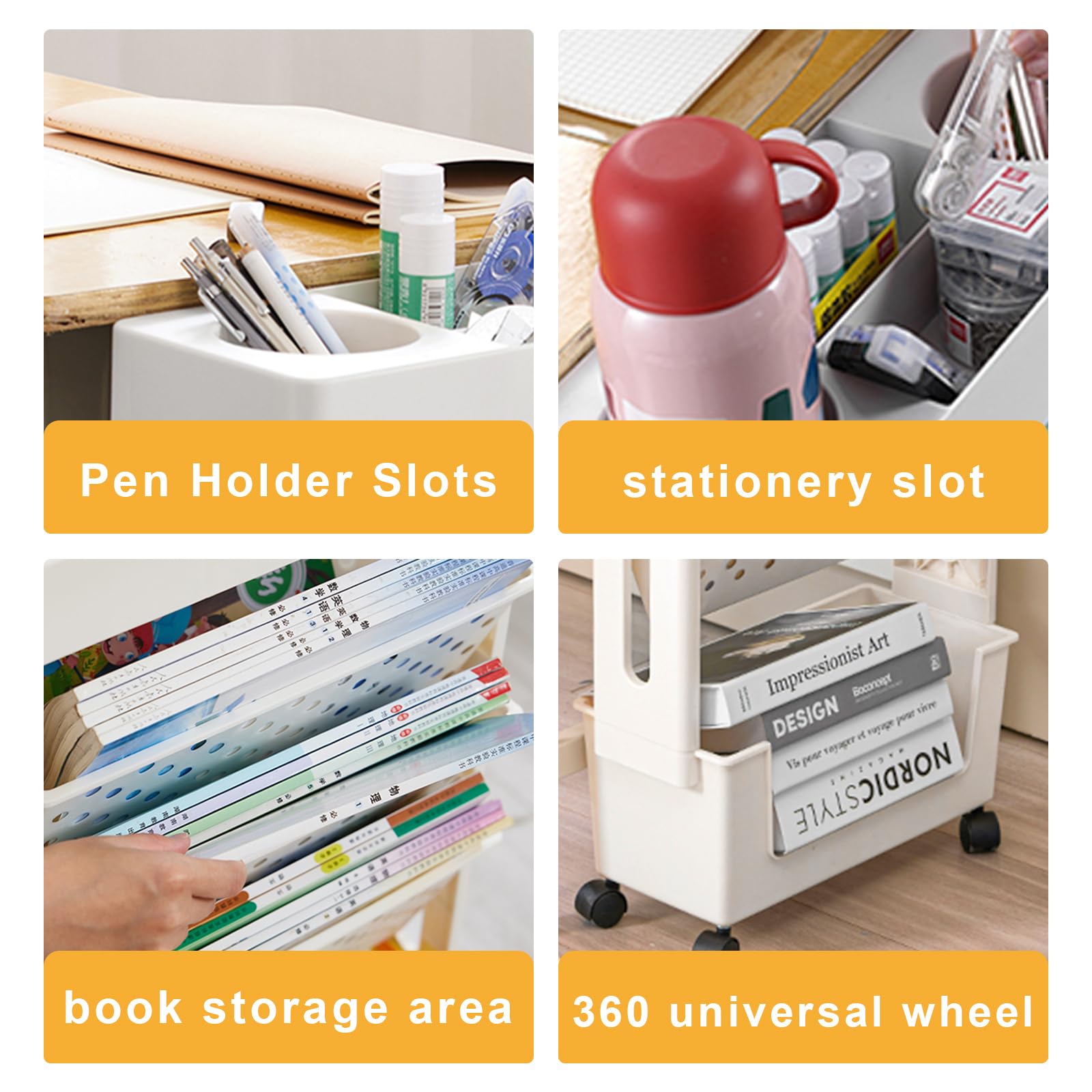 Albnegru 5-Tier Mobile Bookshelf with Wheels, Slim Rolling Storage Cart Movable Bookshelf File Storage with Pen Holder for Home, Office, and School Storage