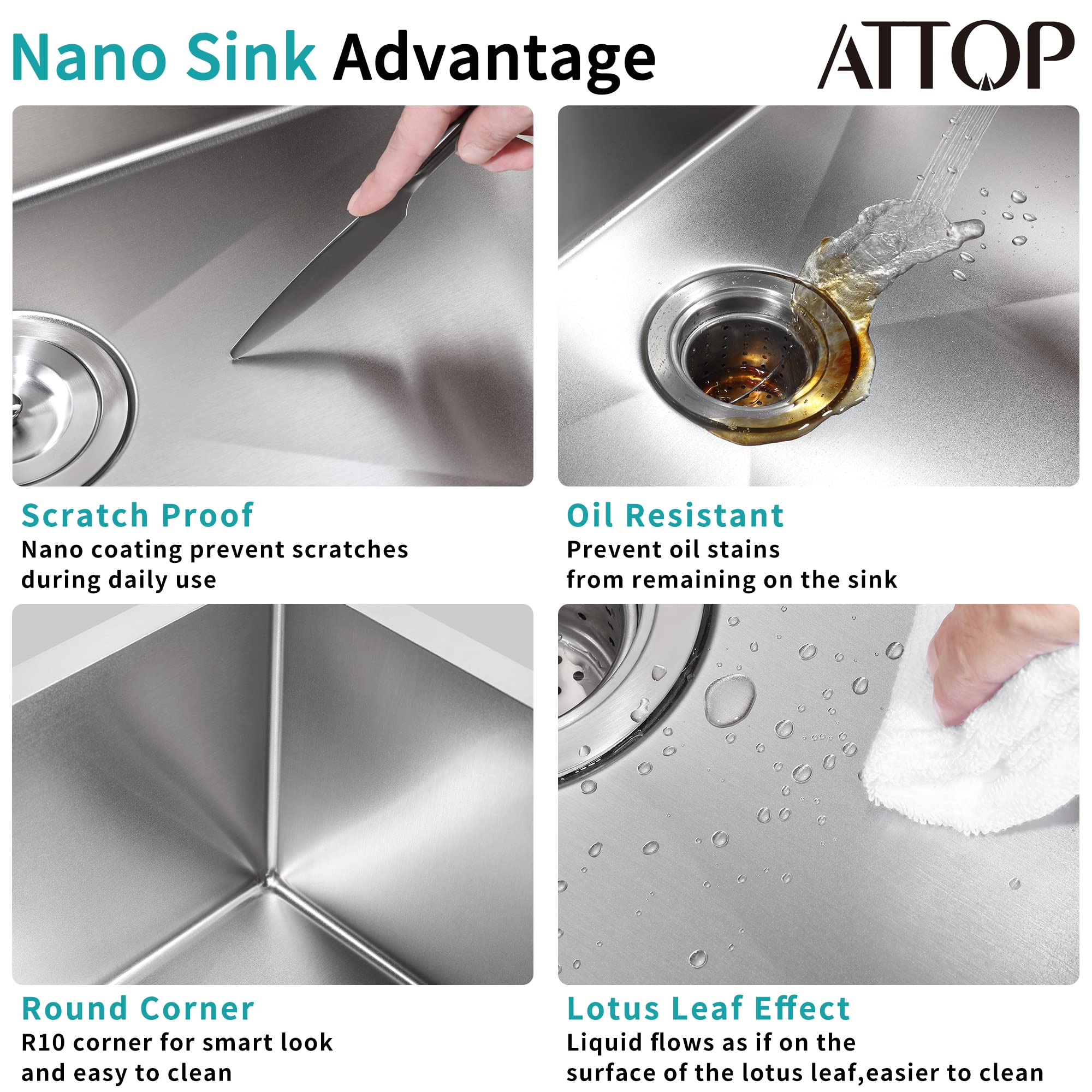 ATTOP Double Bowls Undermount Kitchen Sink,32 Inch Nano Coating Stainless Steel Kitchen Sink Undermount Double Bowls Sink