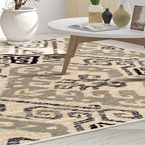 Superior 8mm Pile Height with Jute Backing, Gorgeous Ikat Damask Pattern, Fashionable and Affordable Woven Rugs, 8' x 10' Rug, Beige