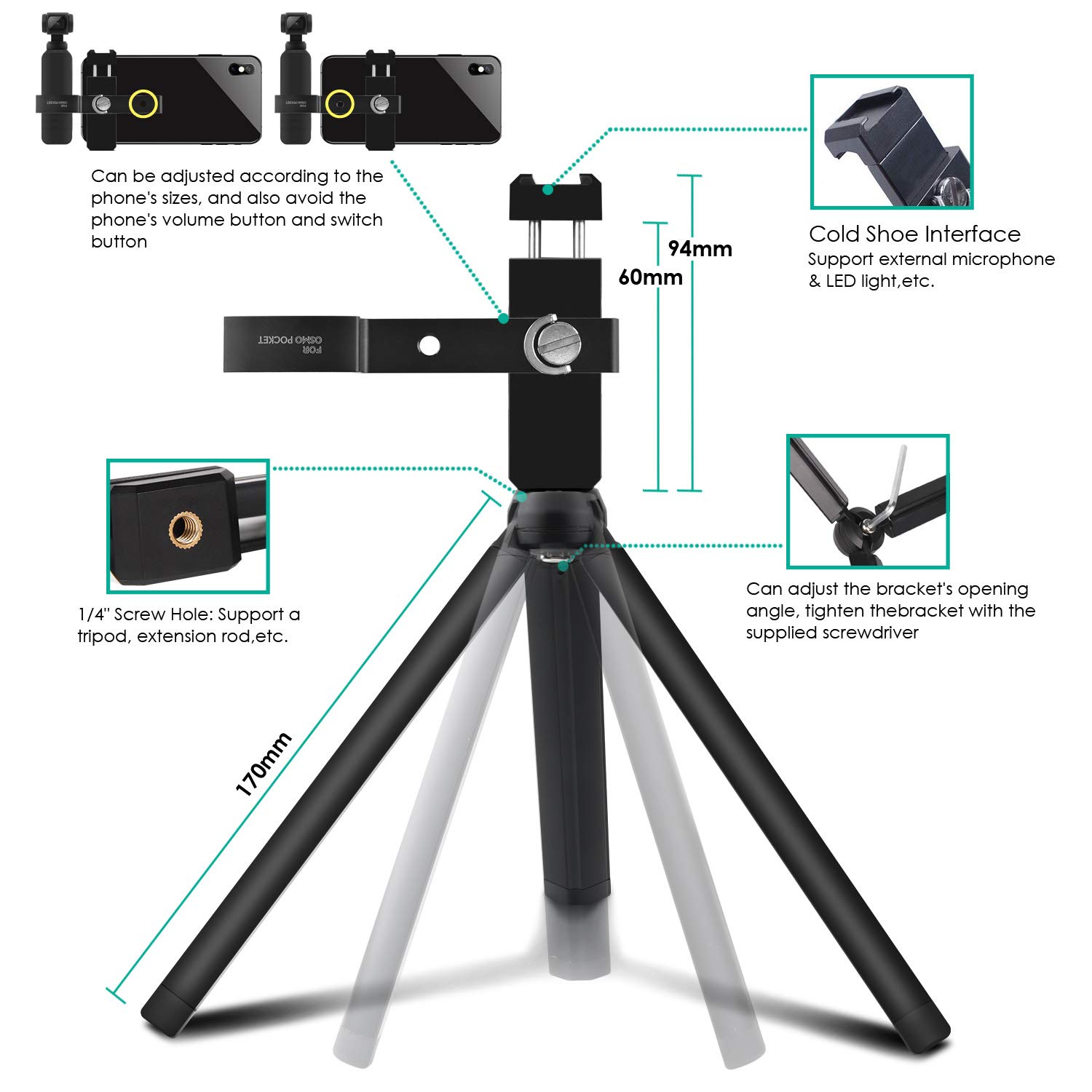 Alcoon Aluminum Handheld Phone Holder Tripod Mount Stand Compatible for DJI Osmo Pocket Accessories with Cold Shoe Interface and 1/4 Inch Thread
