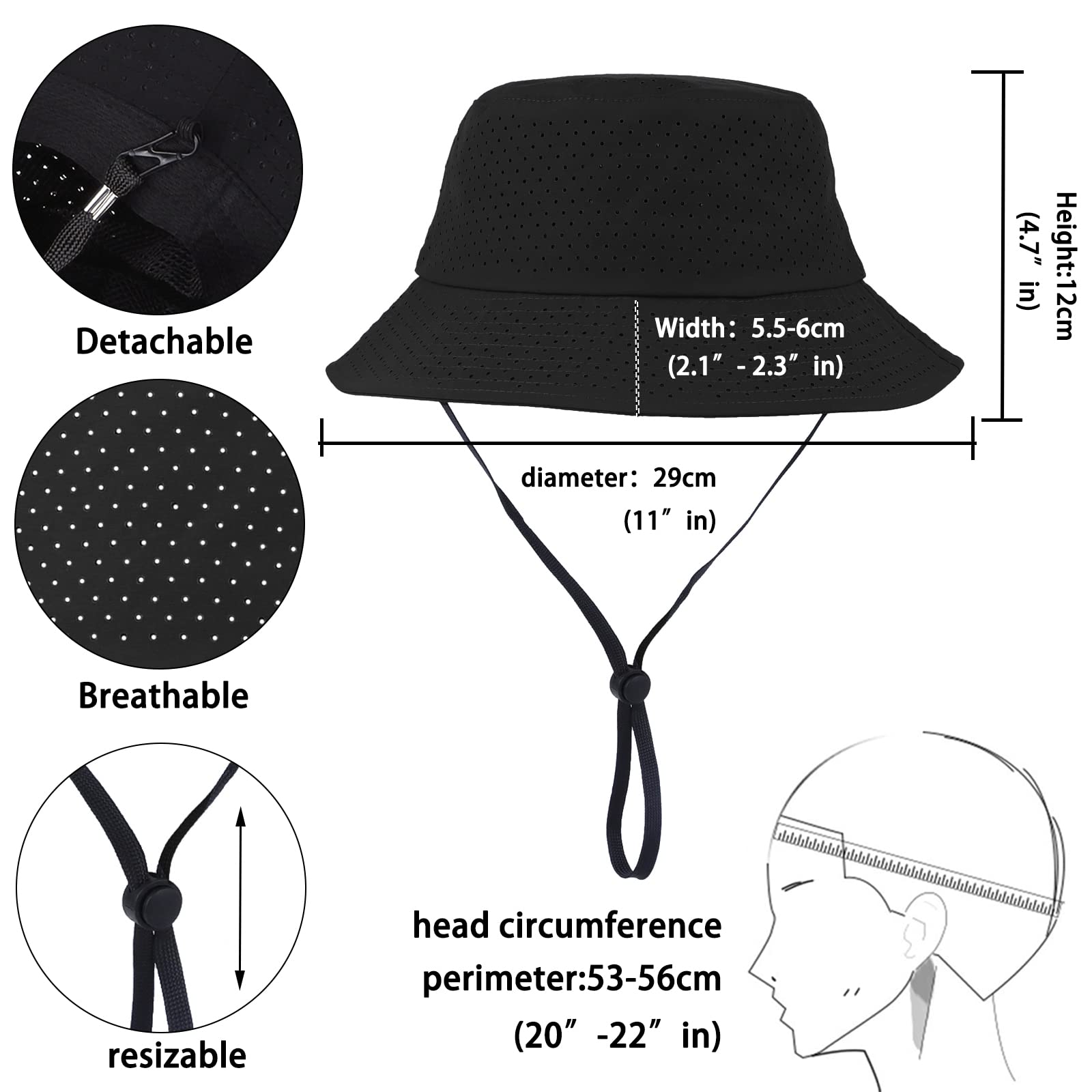 ALGSQEOR Breathable Hat for Women and Men Travel Fishing Caps Summer Foldable Brim Sun Hat (Black)