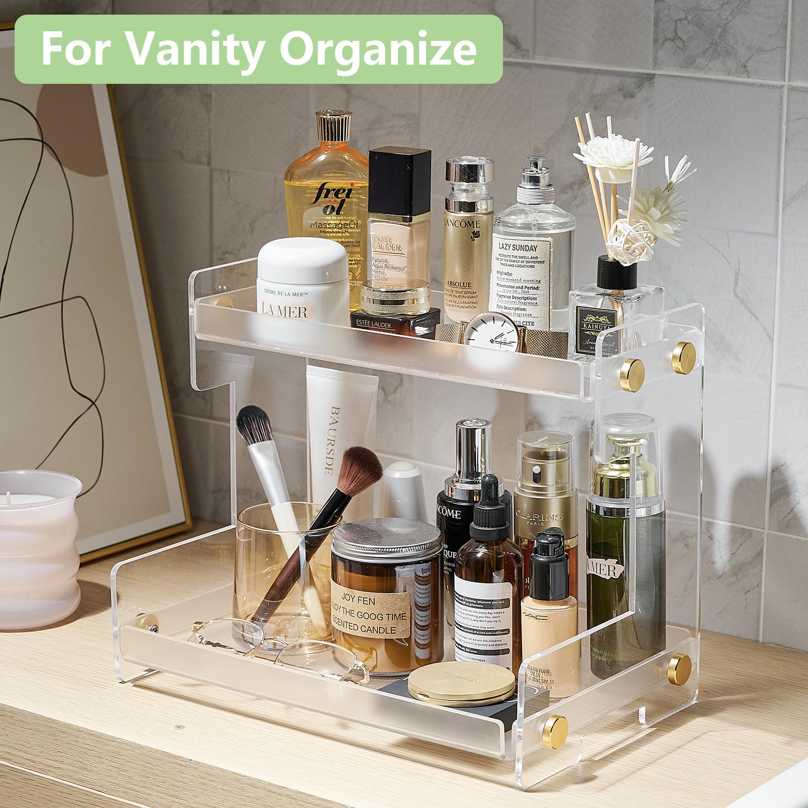BATHLAVISH Frosted Bathroom Countertop Organizer, Acrylic Vanity Counter Organizer, 2-Tier Cabinet Organizer Makeup Cosmetics Storage Vanity Holder for Lipstick