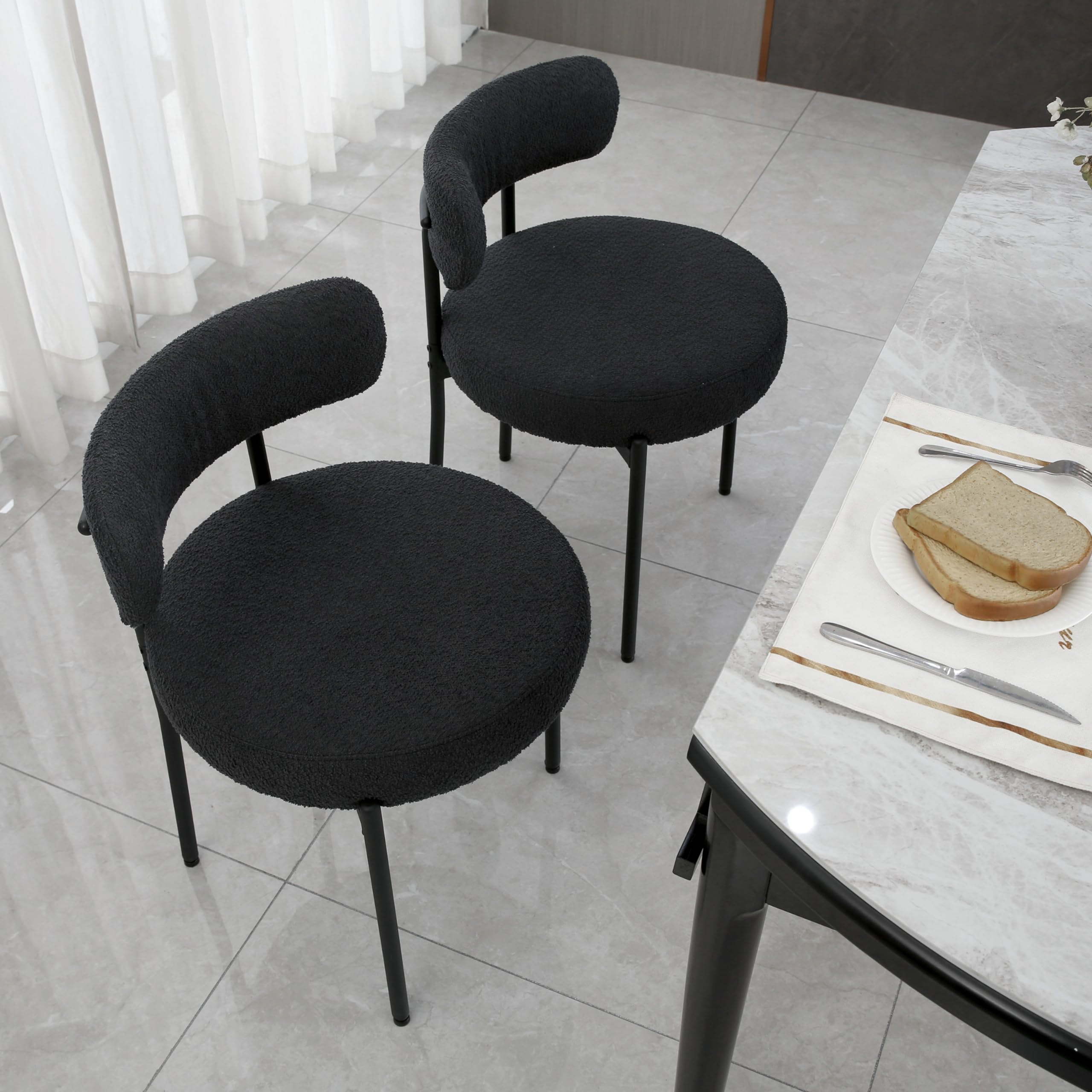 AISALL Black Dining Chairs Set of 2 Round Upholstered Boucle Dining Room Chairs Mid-Century Modern Kitchen Chairs Curved Backrest Chairs for Dining Room Black Metal Legs