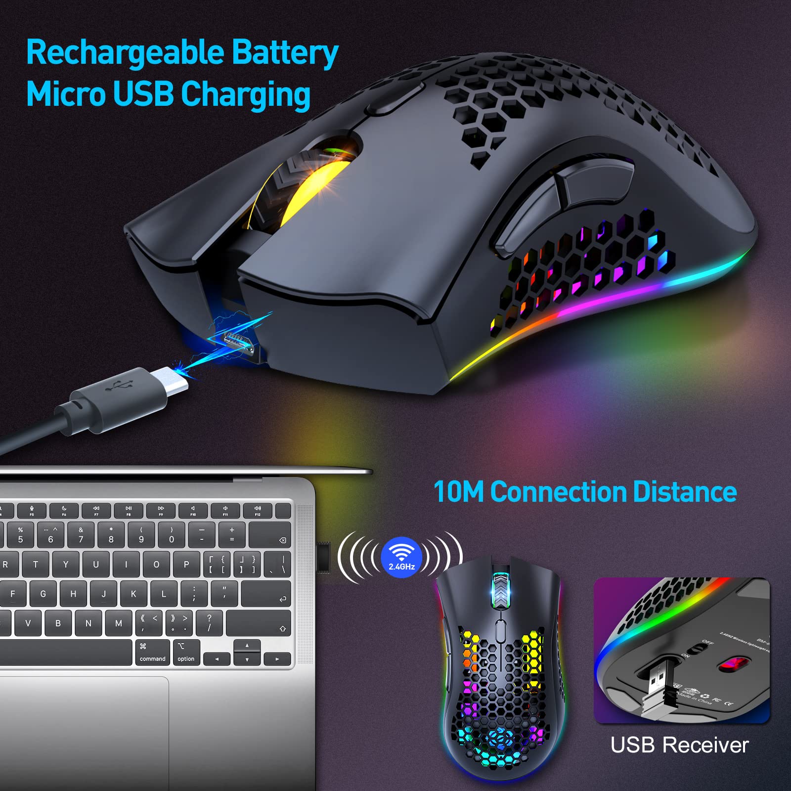 aipasi tech Wireless Lightweight Gaming Mouse, 2.4G Wireless Rechargeable Computer Mouse with Honeycomb Shell, USB Receiver, Adjustable DPI, Ergonomic RGB Gamer Mice for PC Mac Gamer(Black)