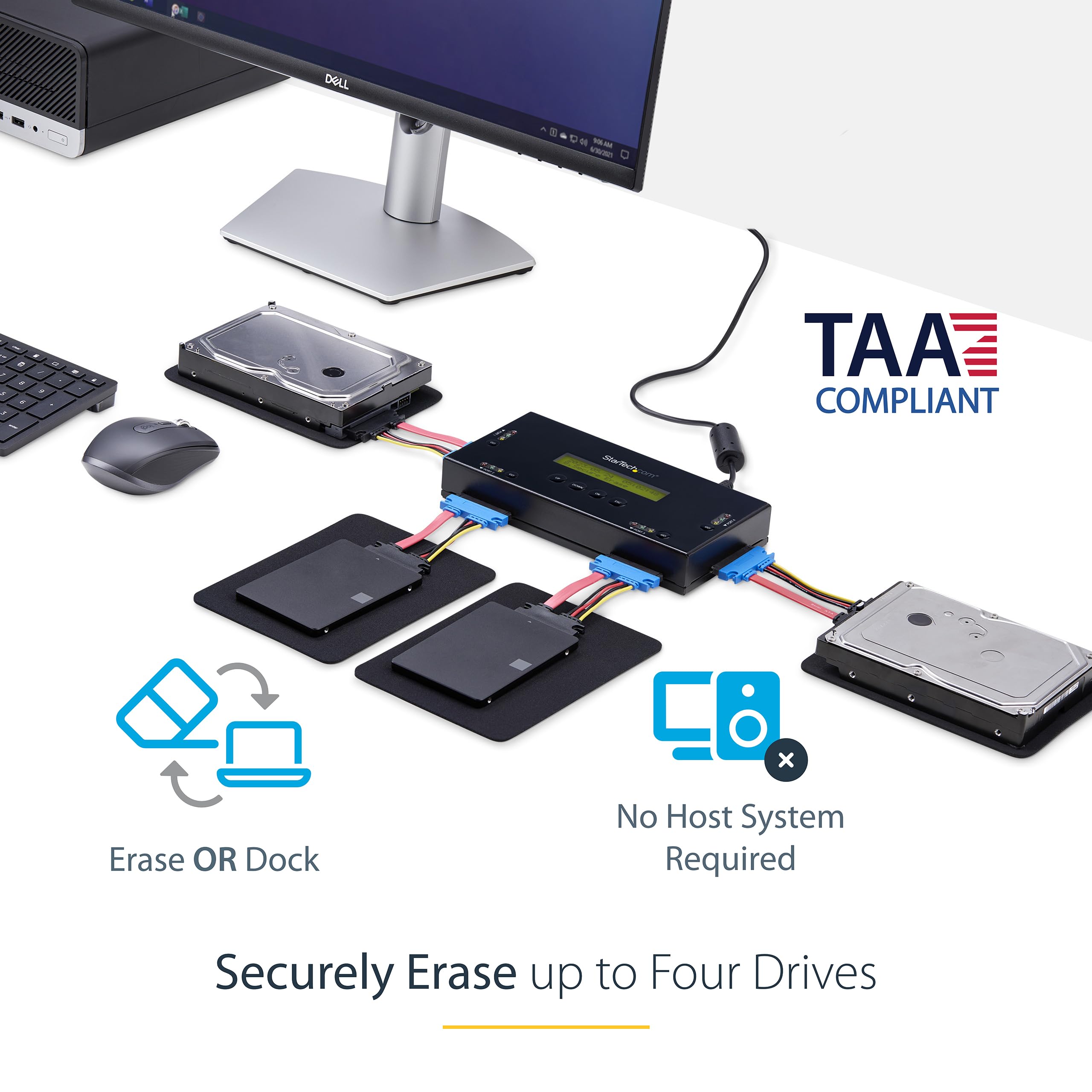 StarTech.com 4 Bay SSD/HDD Hard Drive Eraser, 2.5/3.5" SATA, Hostless Standalone Secure Erase, Disk Sanitizer, Hardware Wiper Erasing Tool, 9 Modes, RS232 Printer Port, NIST/DOD, LCD, TAA (SATERASER4)