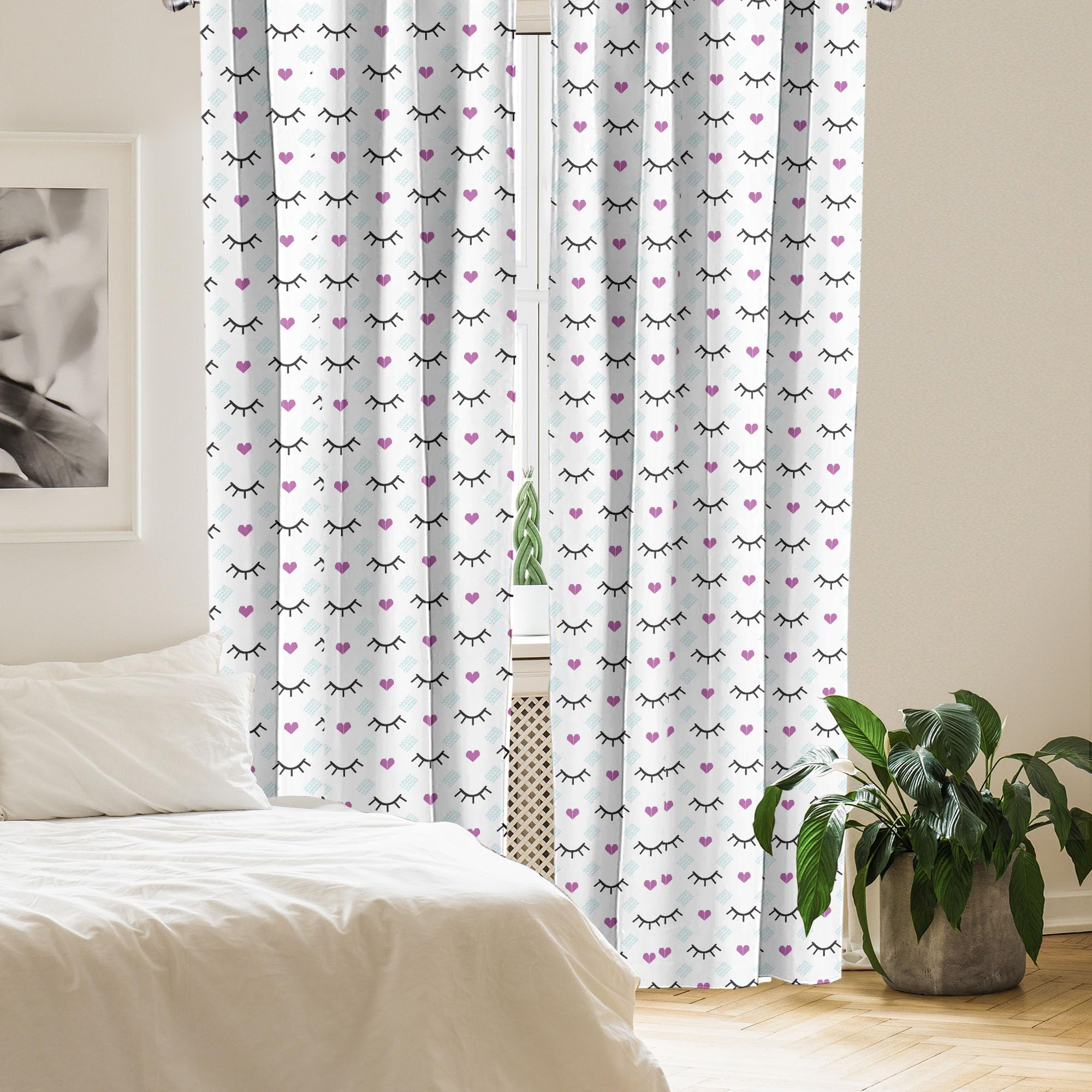 Ambesonne Eyelash Window Curtains, Winking Eyes and Pink Hearts Romantic Pattern Cartoon Childish, Lightweight Decorative Panels Set of 2 with Rod Pocket, 56" x 95", Blue Fuchsia