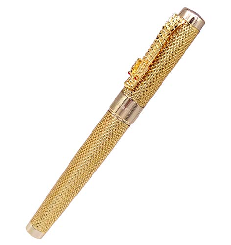 Gullor Jinhao Golden Dragon Red Crystal Eyes Fountain Pen with Push in Style Ink Converter