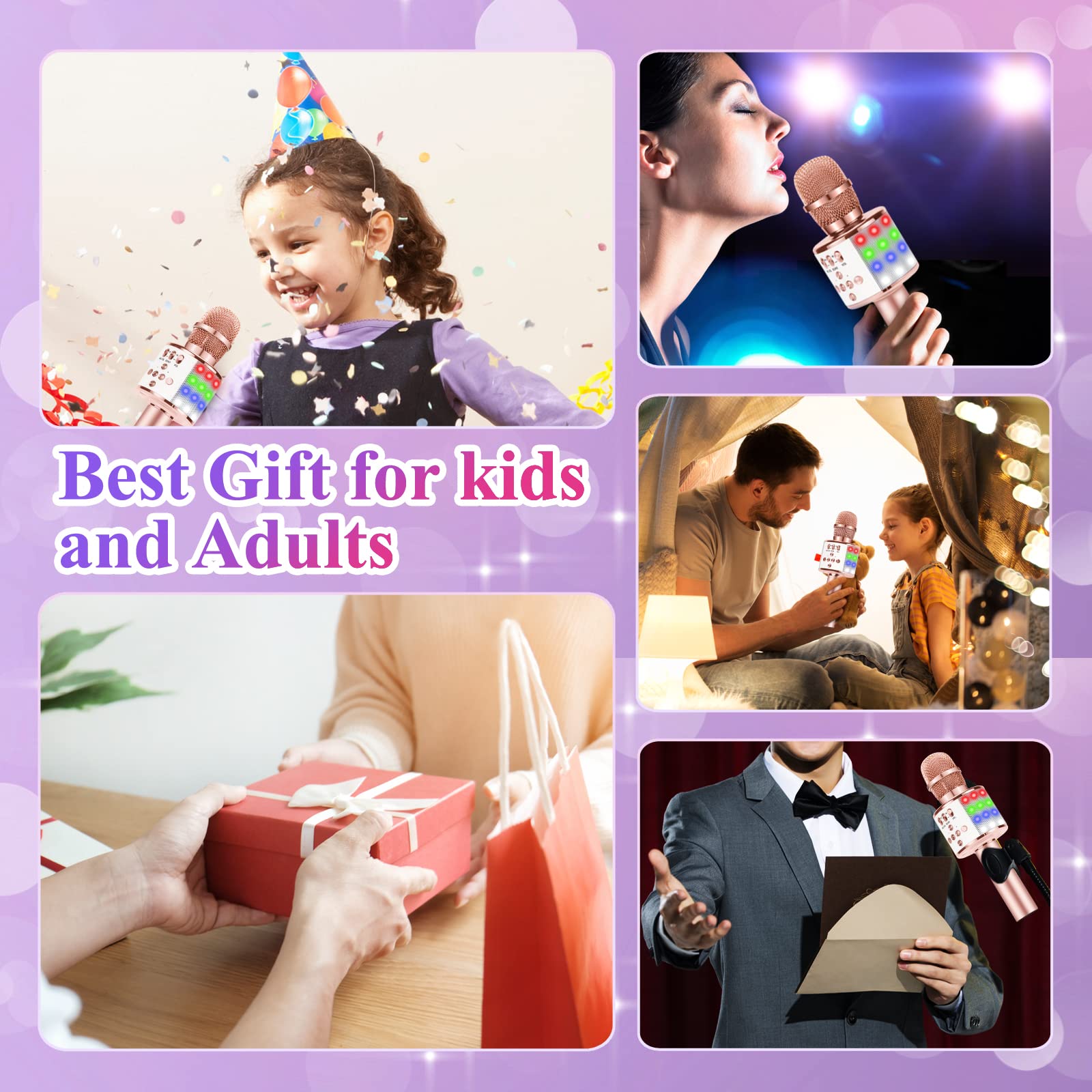 Anitiate Singing Karaoke Microphone for Kids Adults, Handheld Wireless Bluetooth Kids Microphone with LED Lights Portable Karaoke Mic Speaker Player Recorder Machine for Birthday Home Party