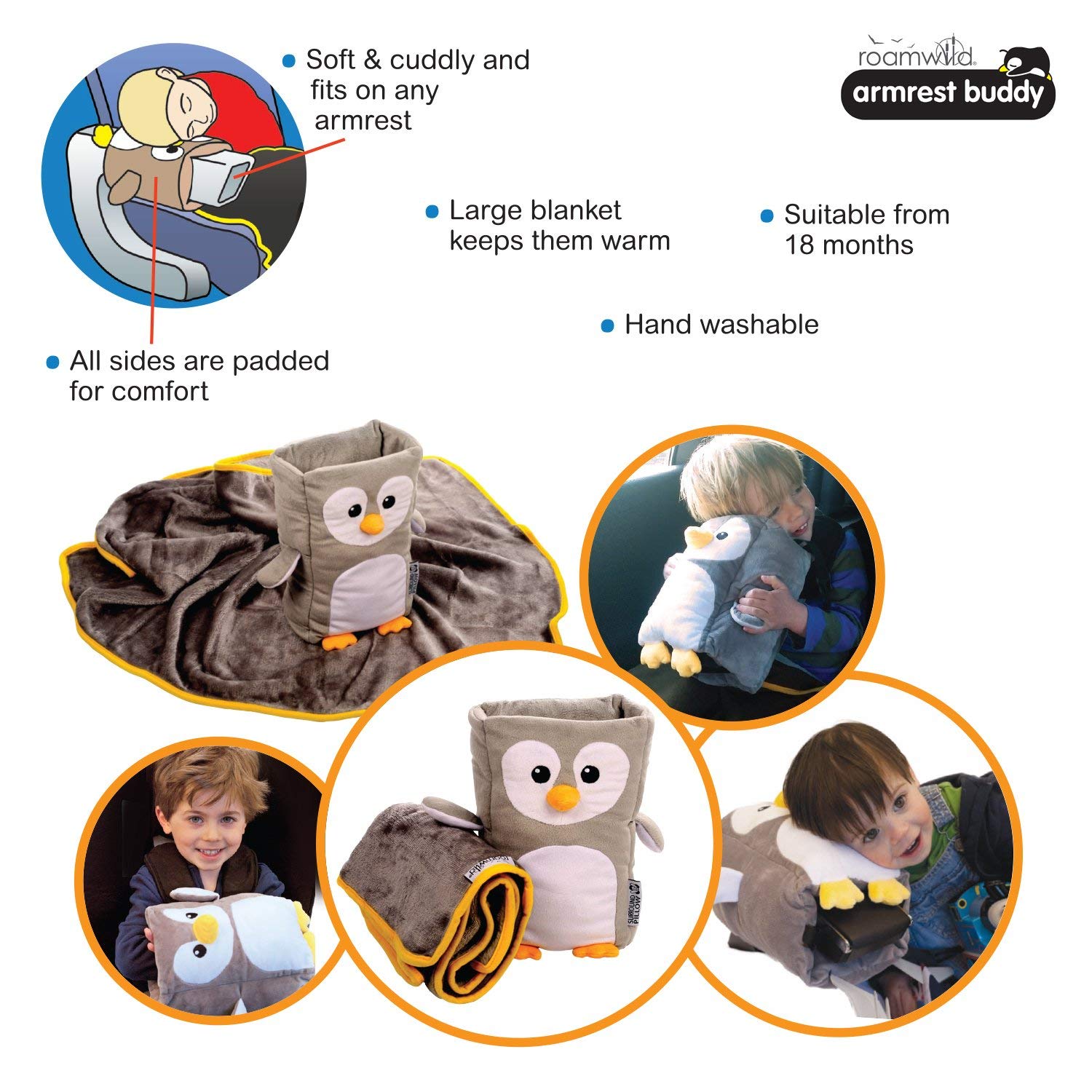 Roamwild Kids Travel Pillow and Travel Blanket Set - 'Tux' Armrest Buddy Transforms Any Armrest Into a Comfy Childs Pillow