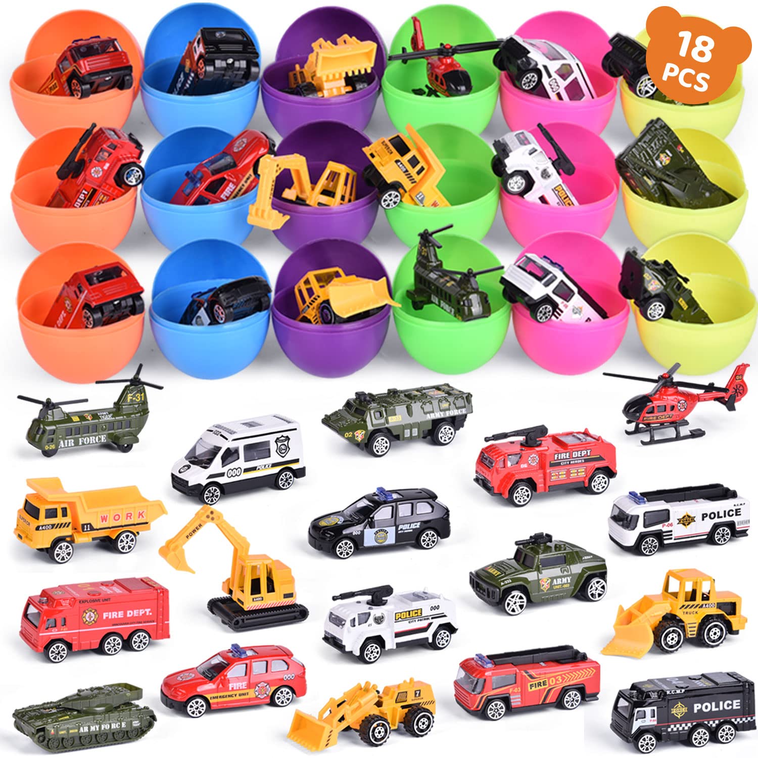 FUN LITTLE TOYS 18Packs Easter Eggs Prefilled with Die-cast Cars Toy Vehicles for Toddlers, Easter Party Favors / Basket Stuffers, Goodie Bags Fillers, Classroom Prizes