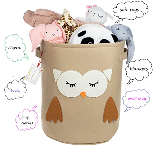 Kids’ Collapsible Laundry & Toy Basket – Felt Baby Hamper with Strong Handles & Cute Design – Kids & Baby Laundry Basket for Boys & Girls, Storage, Organization, Woodland Nursery by Sannomiya - Owl