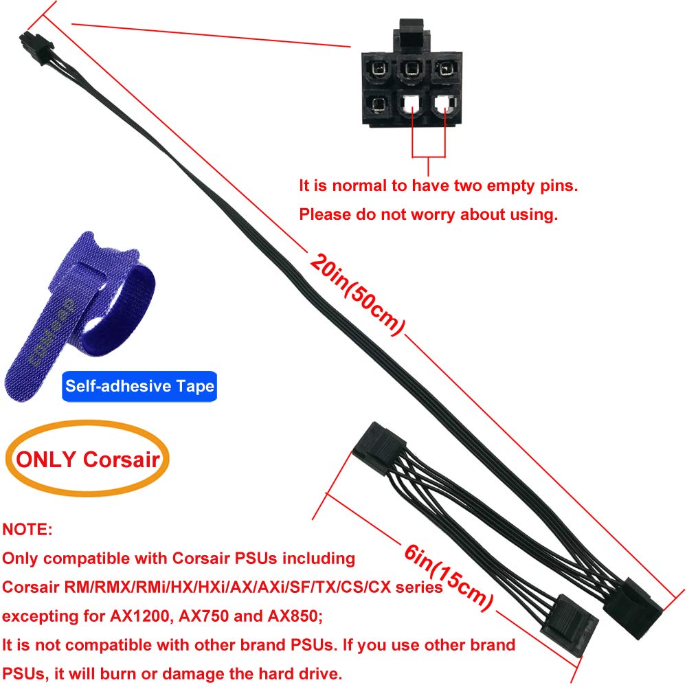 COMeap Molex Power Cable for Corsair PSUs, 6 Pin to 3X 4 Pin Molex Female Hard Drive Power Adapter Splitter for BTC Mining Riser Card 20-in